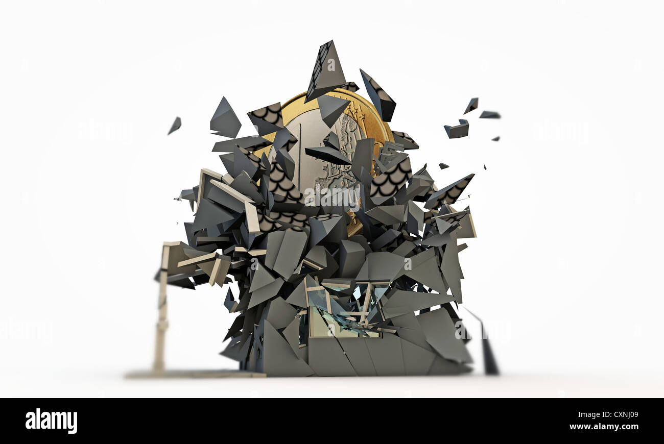 big coin crashing with a residential house isolated on white background ...