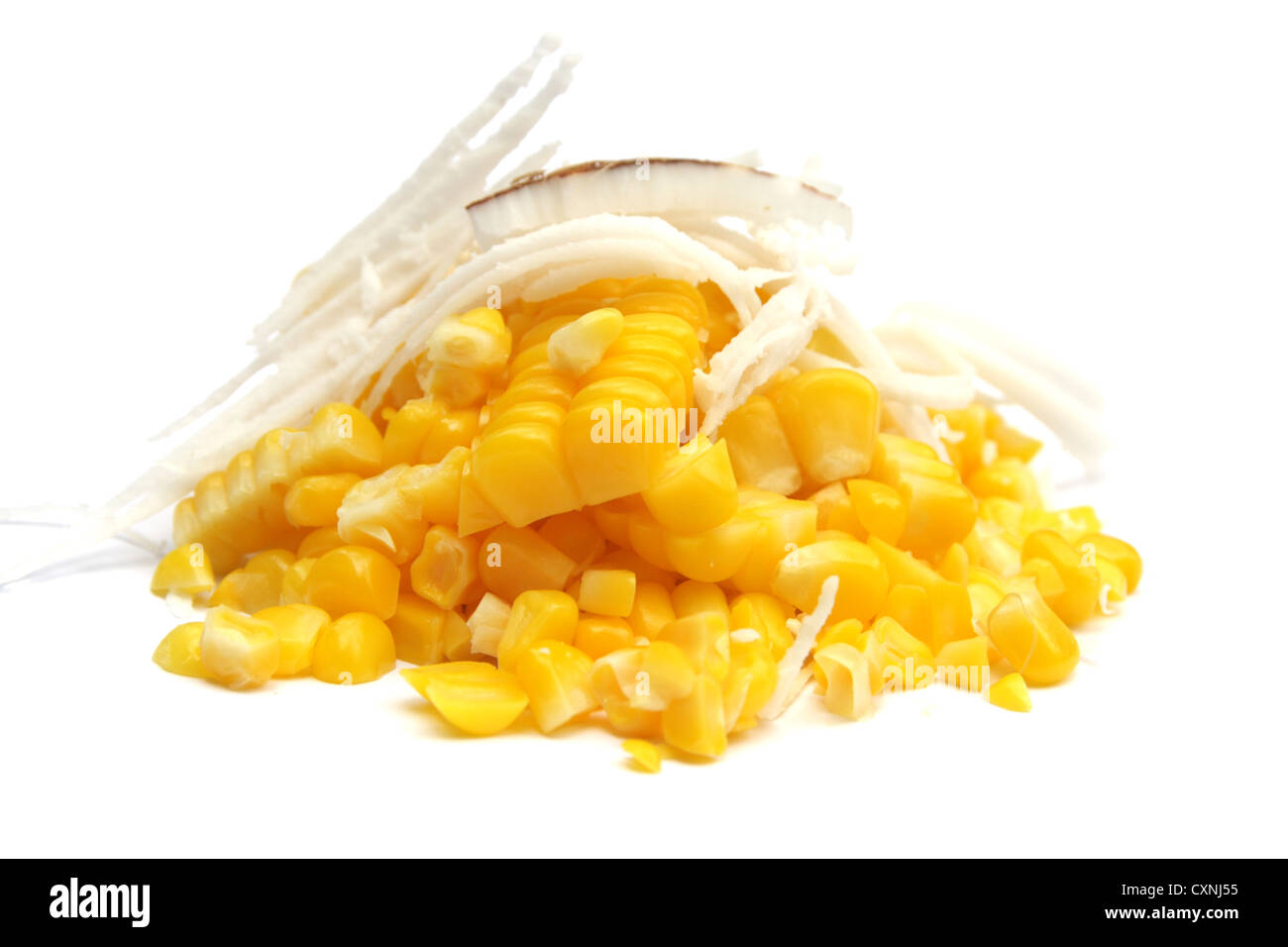 Corn with sliced coconut on white background Stock Photo - Alamy