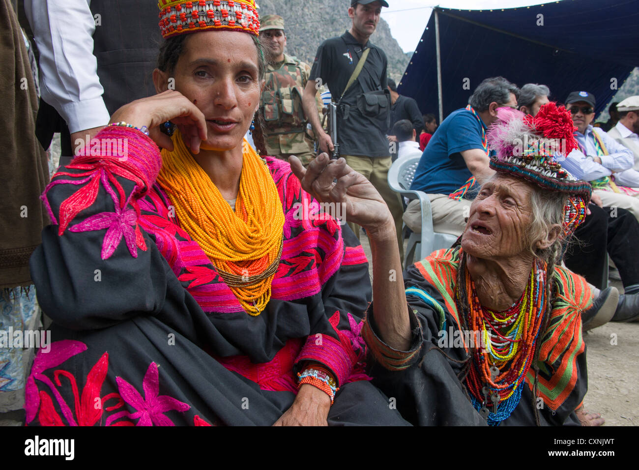 Kalash women talking at the Anish Brun Village Charso (dancing ground ...