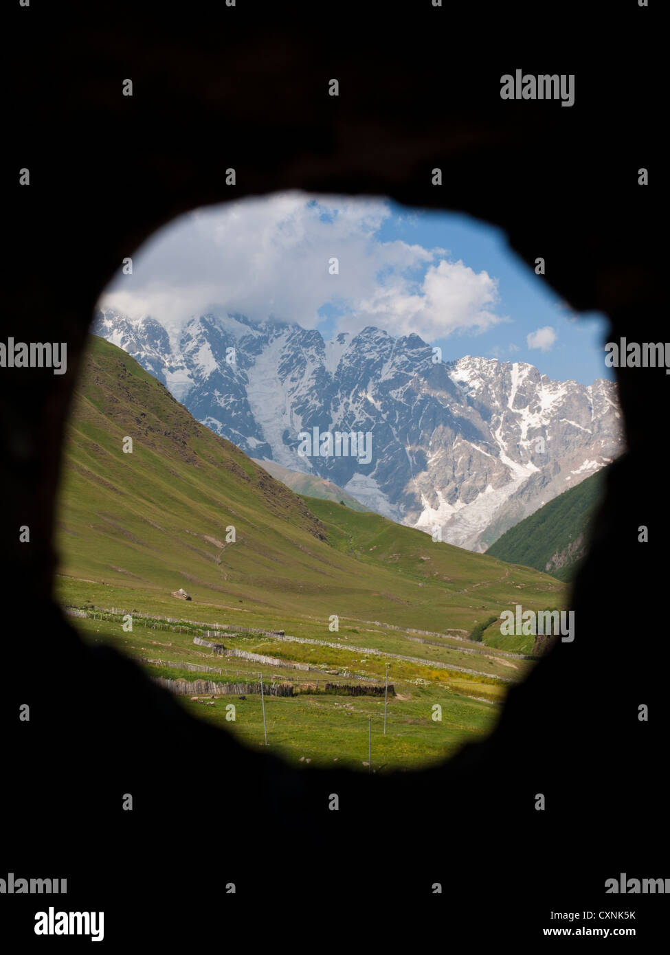 Mount Shkhara seen from inside a koshkebi in Ushguli Stock Photo - Alamy