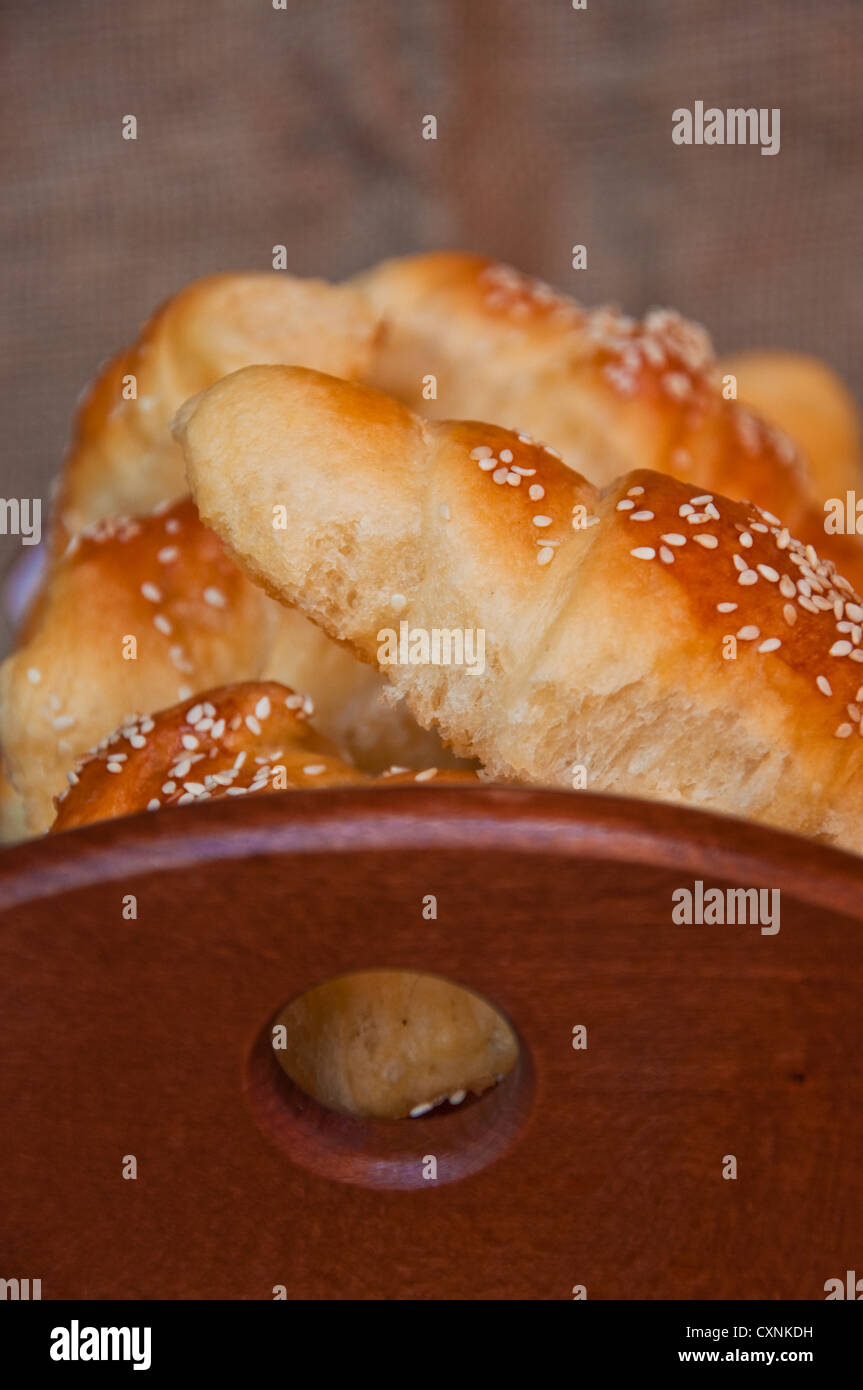 Tasty fresh and warm home made bread loafs in a wooden punnet Stock ...
