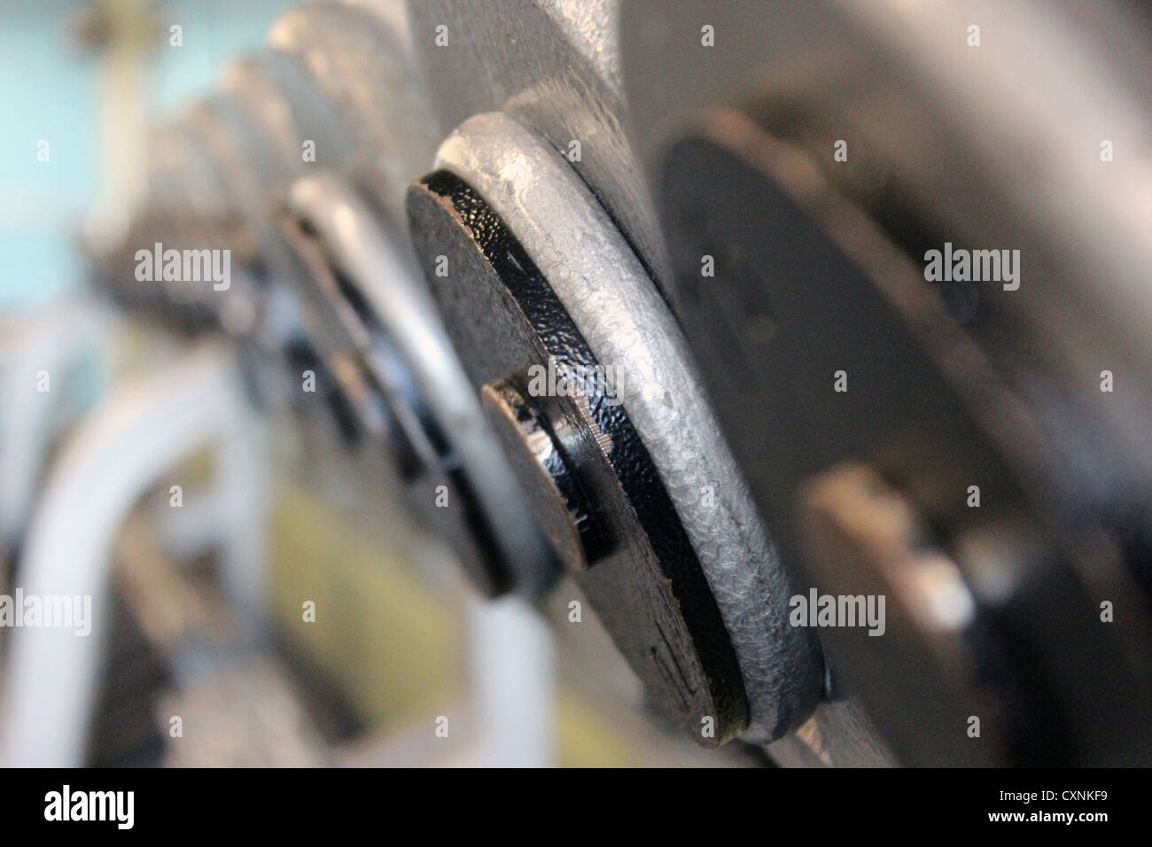 Line of disc barbells on a rack for weightlifting and workout Stock ...