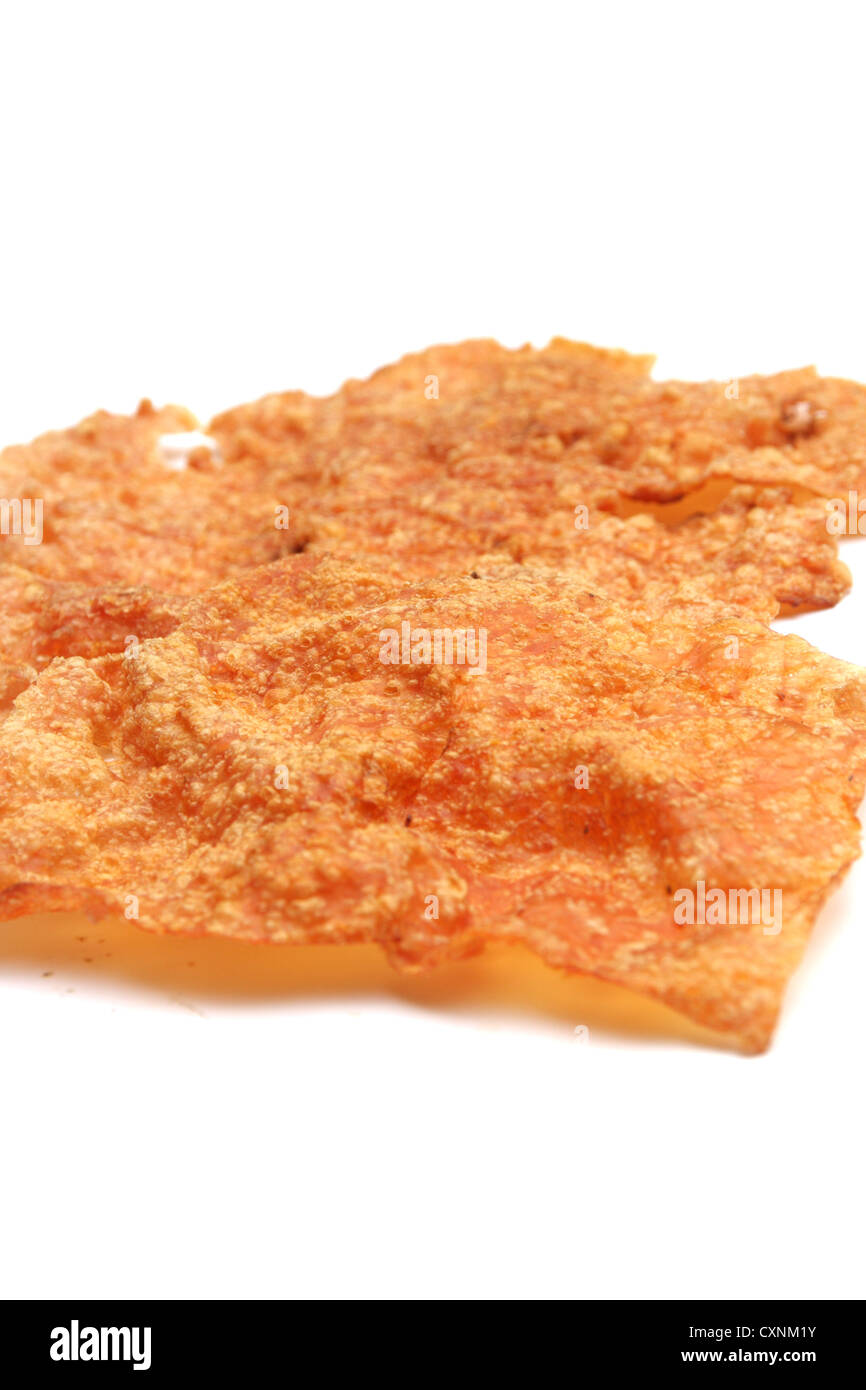 Chinese sliced sheets of dried and crispy pork on white background ...