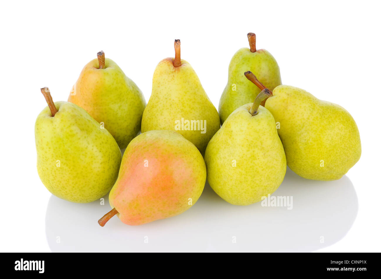 A group of fresh ripe Bartlett Pears on a white background with ...