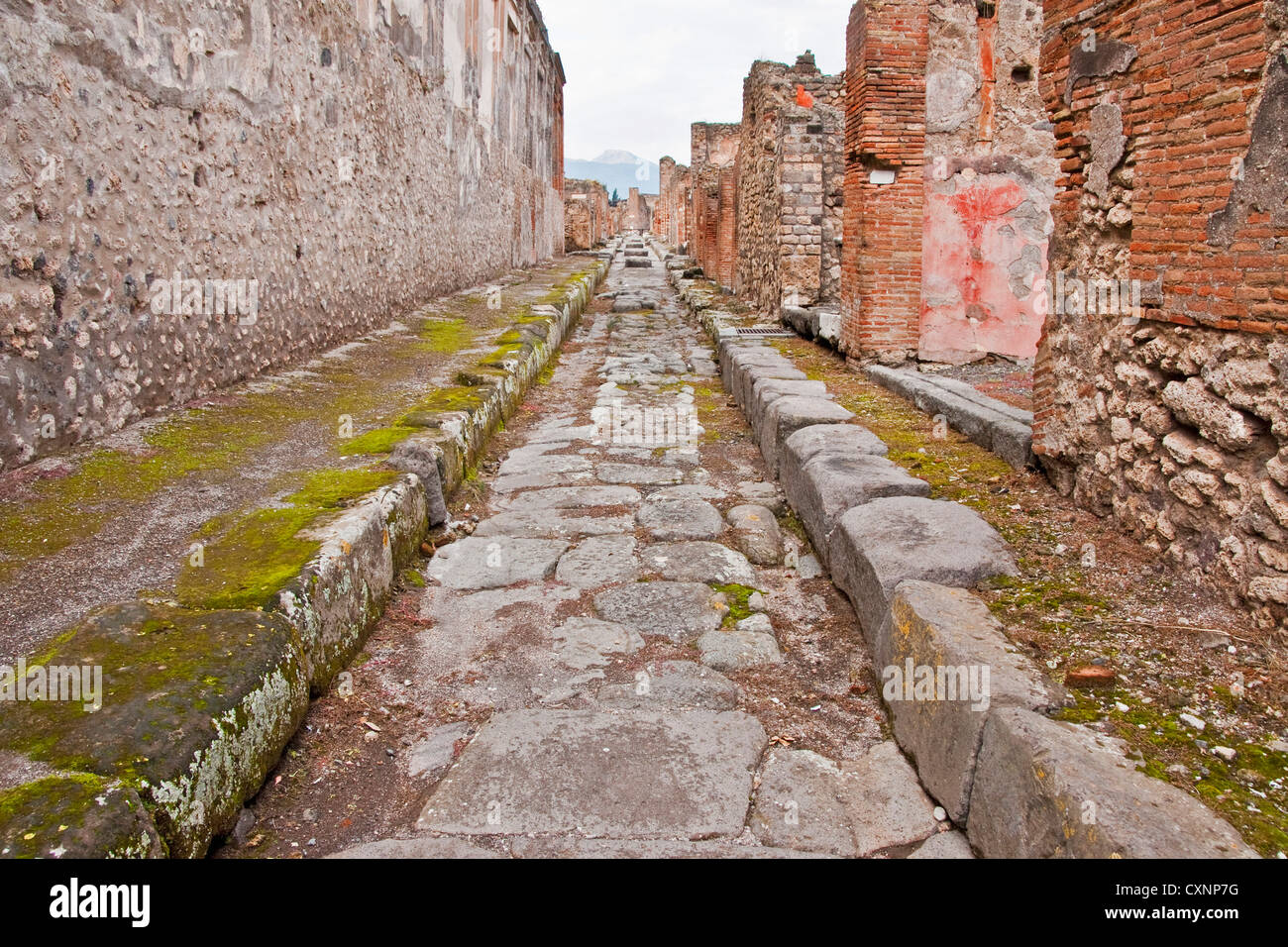 Ancient Roman city of Pompeii, narrow paved stone side street and ...