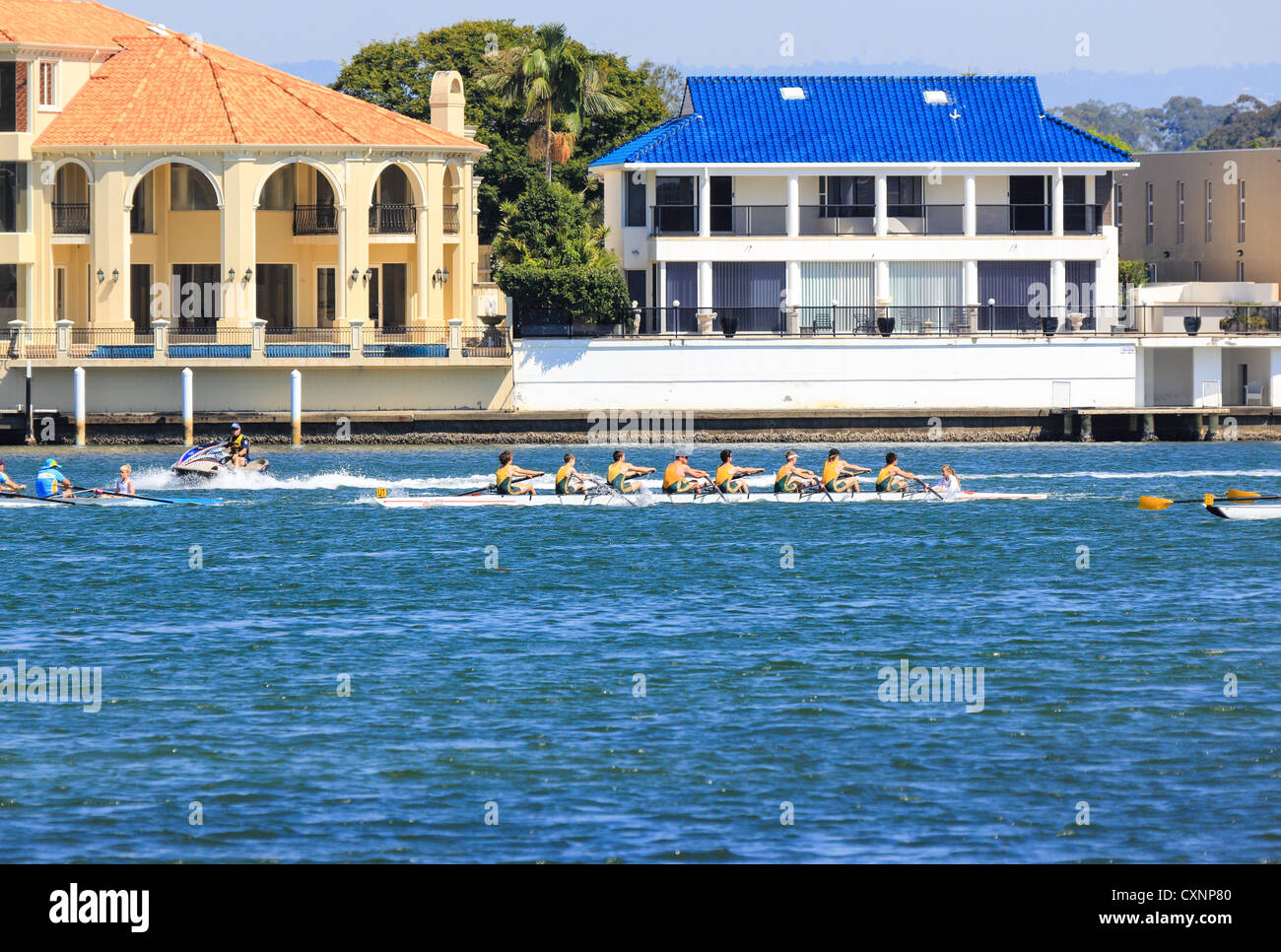 Eight rowers at University river regatta rowing for trophies Surfers ...