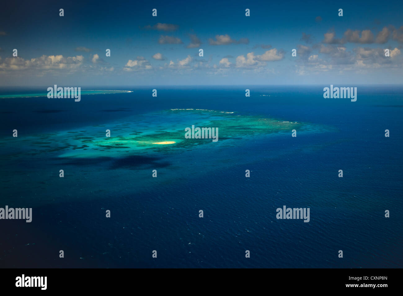 Aerial view Upolu Cay Island and coral reef in the Great Barrier Reef ...