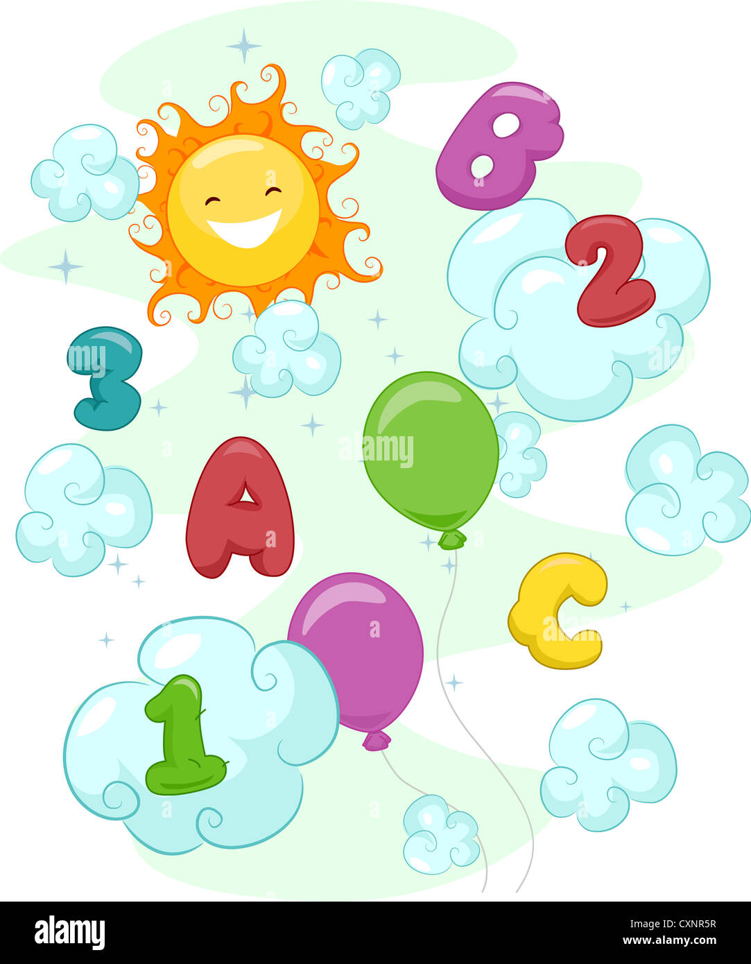 Illustration of the Sun Beaming Happily at Numbers and Letters of the ...