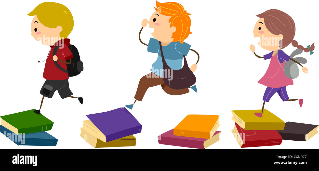Illustration of School Kids Using Piles of Books as Stepping Stones ...