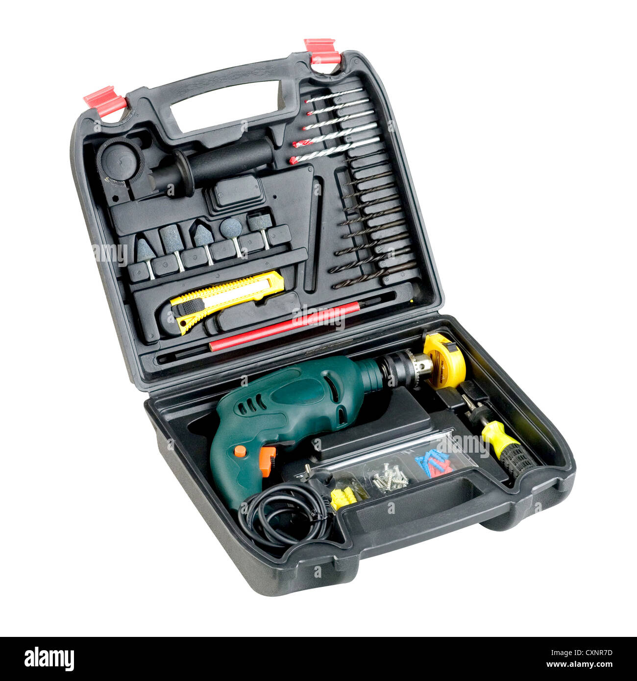 drilling screwdriver and tools in the box isolated Stock Photo - Alamy