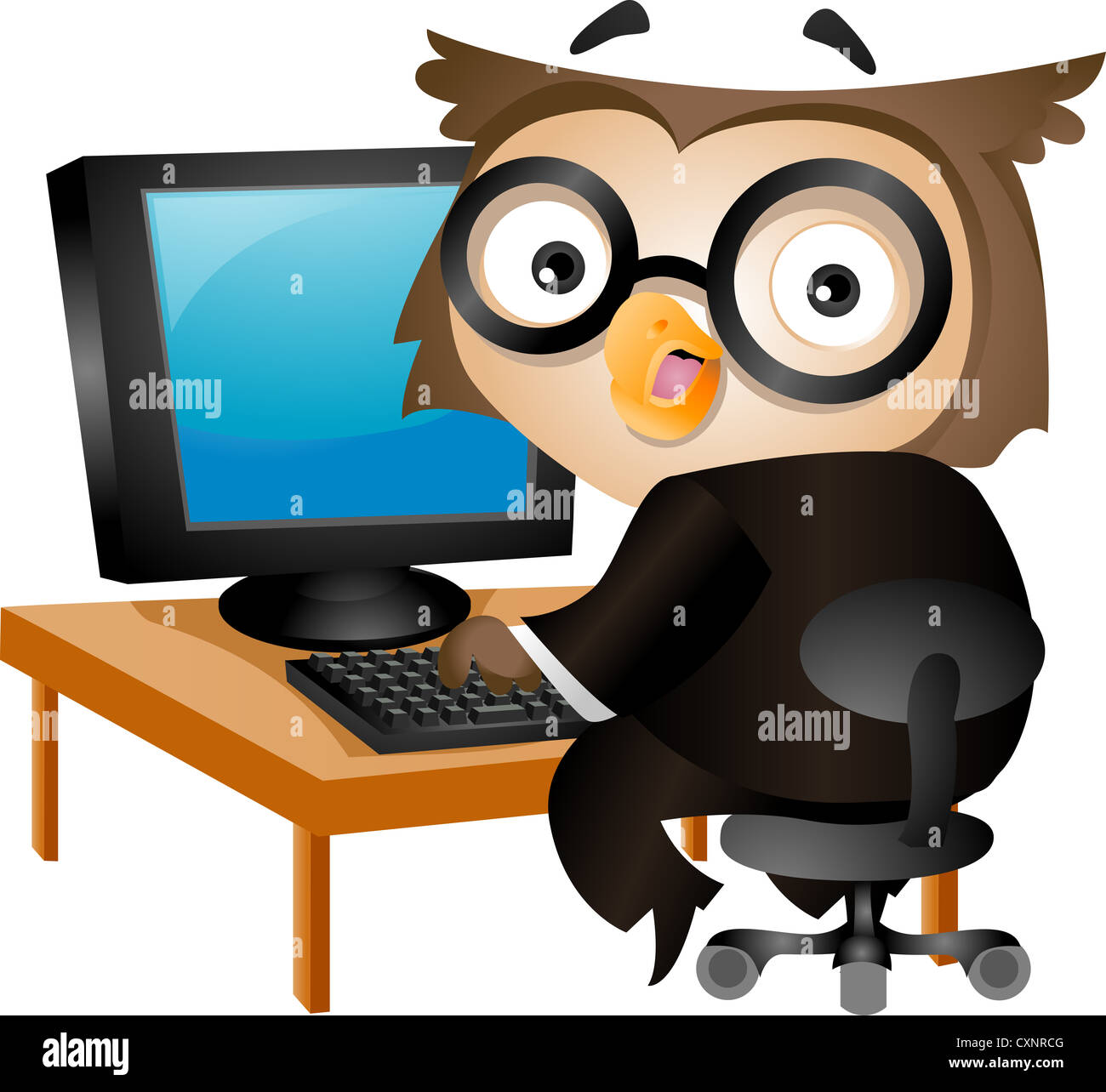 Illustration of an Owl Sitting in Front of a Desktop Computer Stock ...