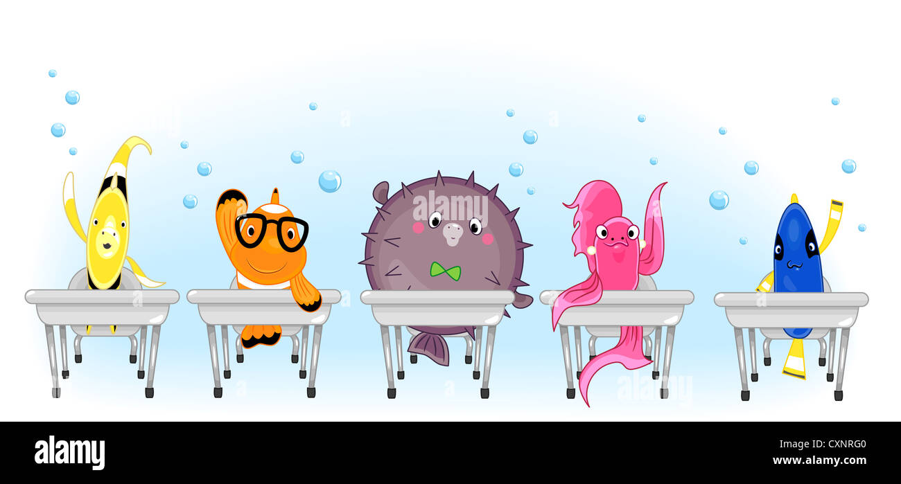 Illustration of a Clownfish, Pufferfish, Betta, Blue Tang, and a Yellow ...