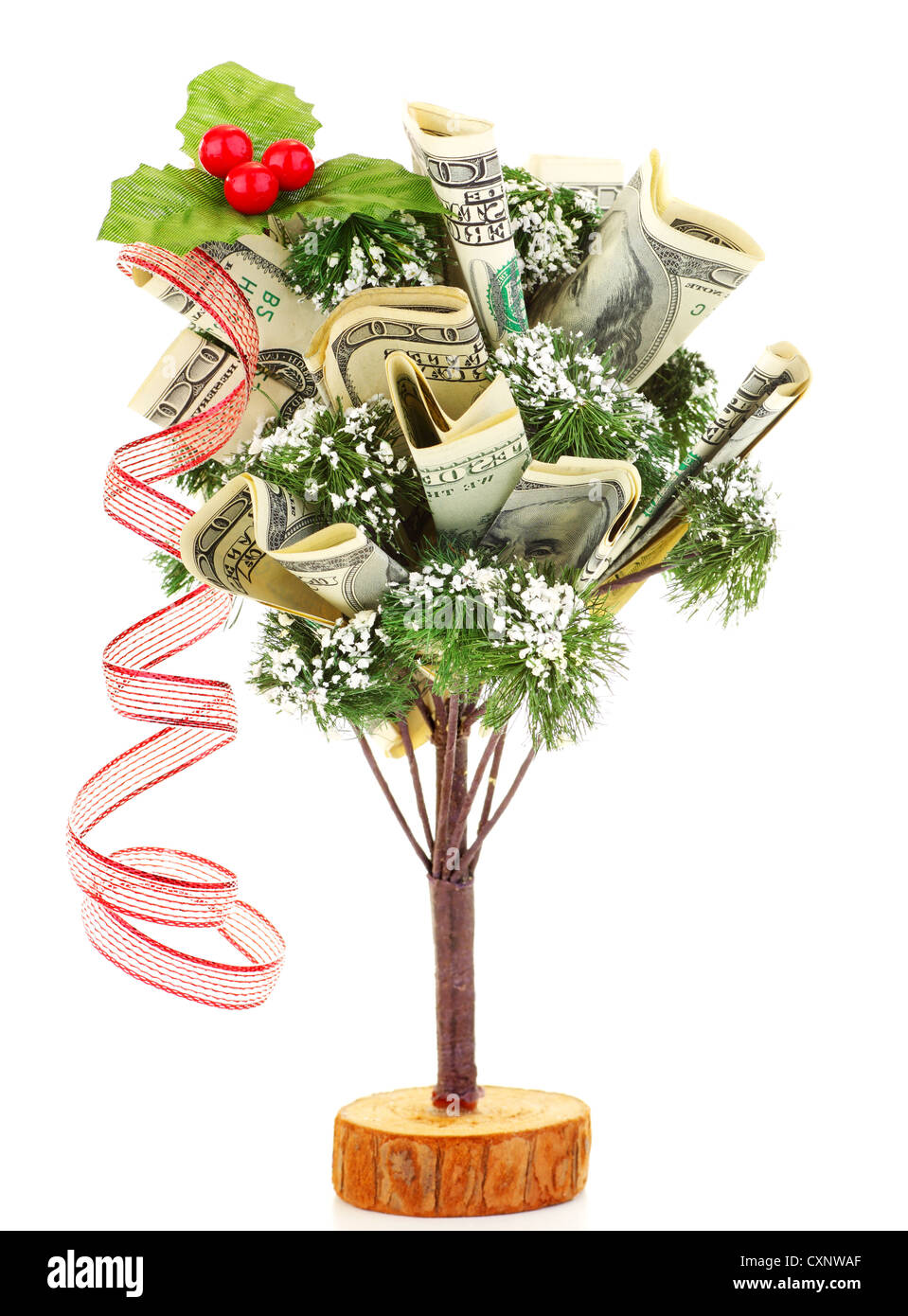 Money Christmas tree with red ribbon isolated on white background Stock ...