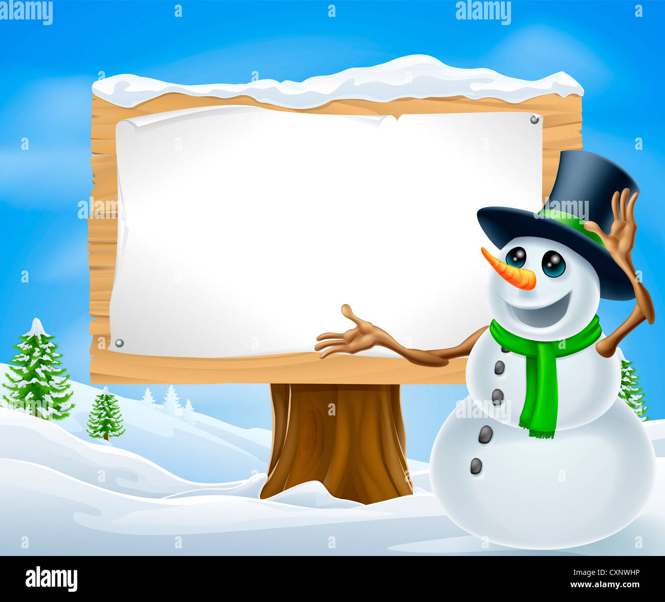A cute cartoon snowman in Christmas winter scene with sign Stock Photo ...