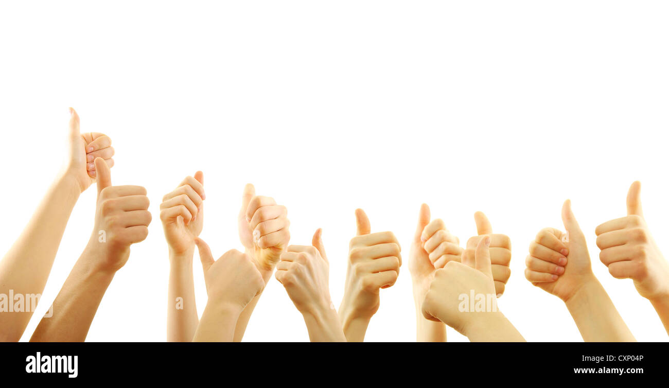Many hand lifted up on white background Stock Photo - Alamy