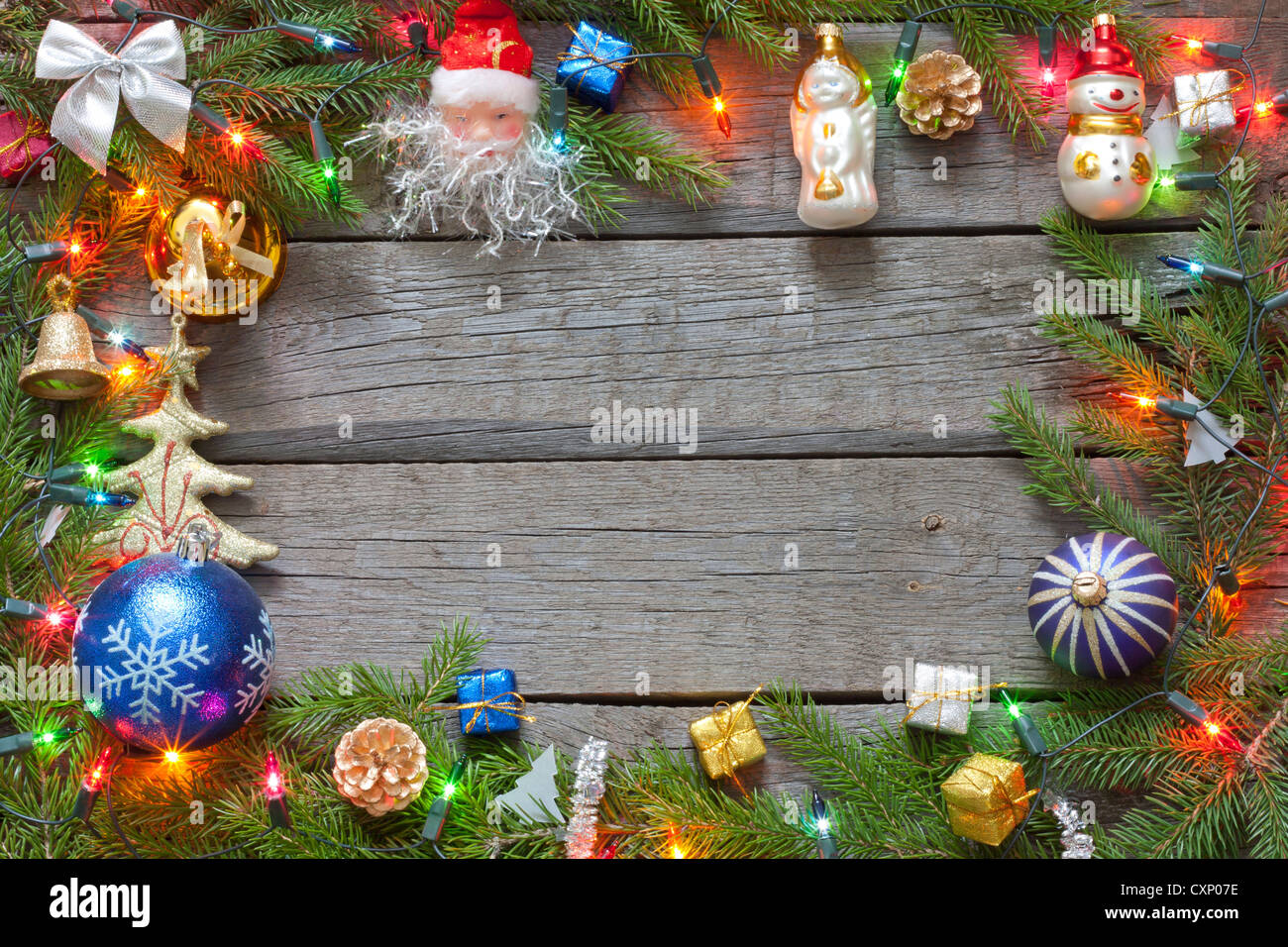 Christmas background border with baubles and lights Stock Photo - Alamy