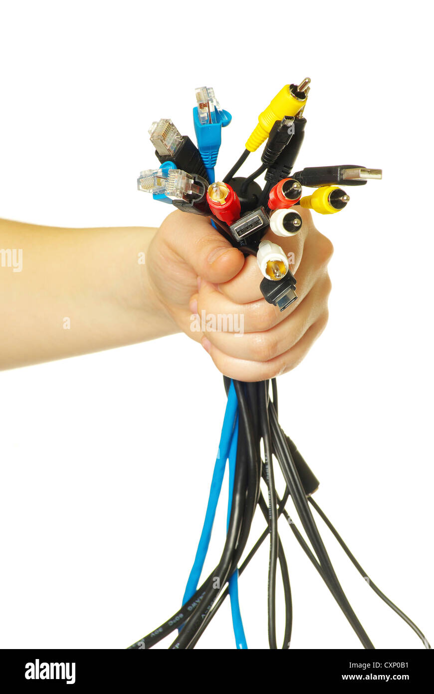 Computer cables in hand isolated on white background Stock Photo - Alamy