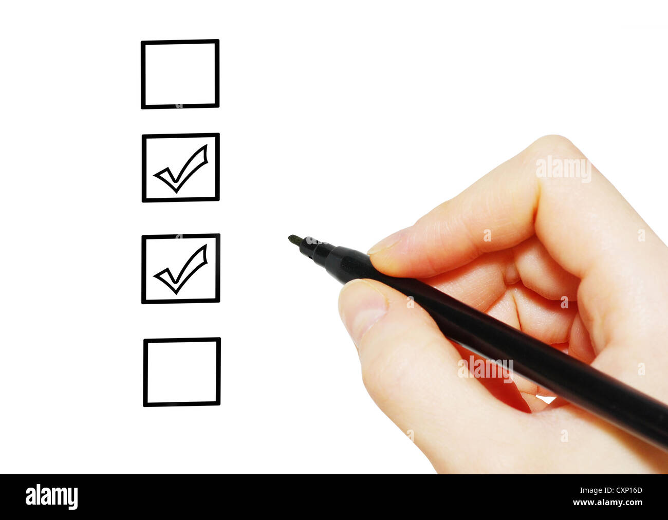 Hand with marker and check boxes isolated on white Stock Photo - Alamy