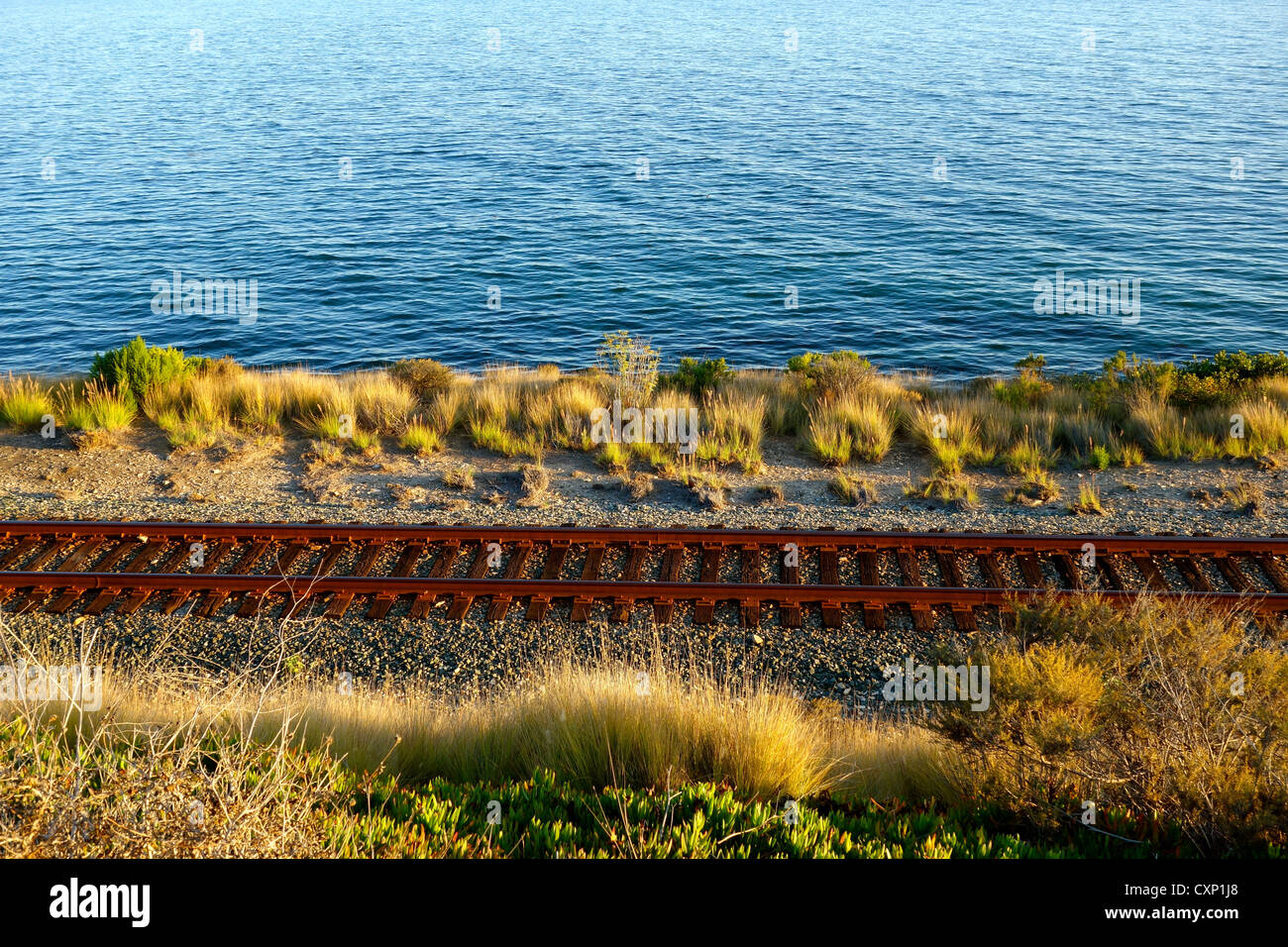 Train tracks along the ocean in California used by Amtrak's Pacific ...