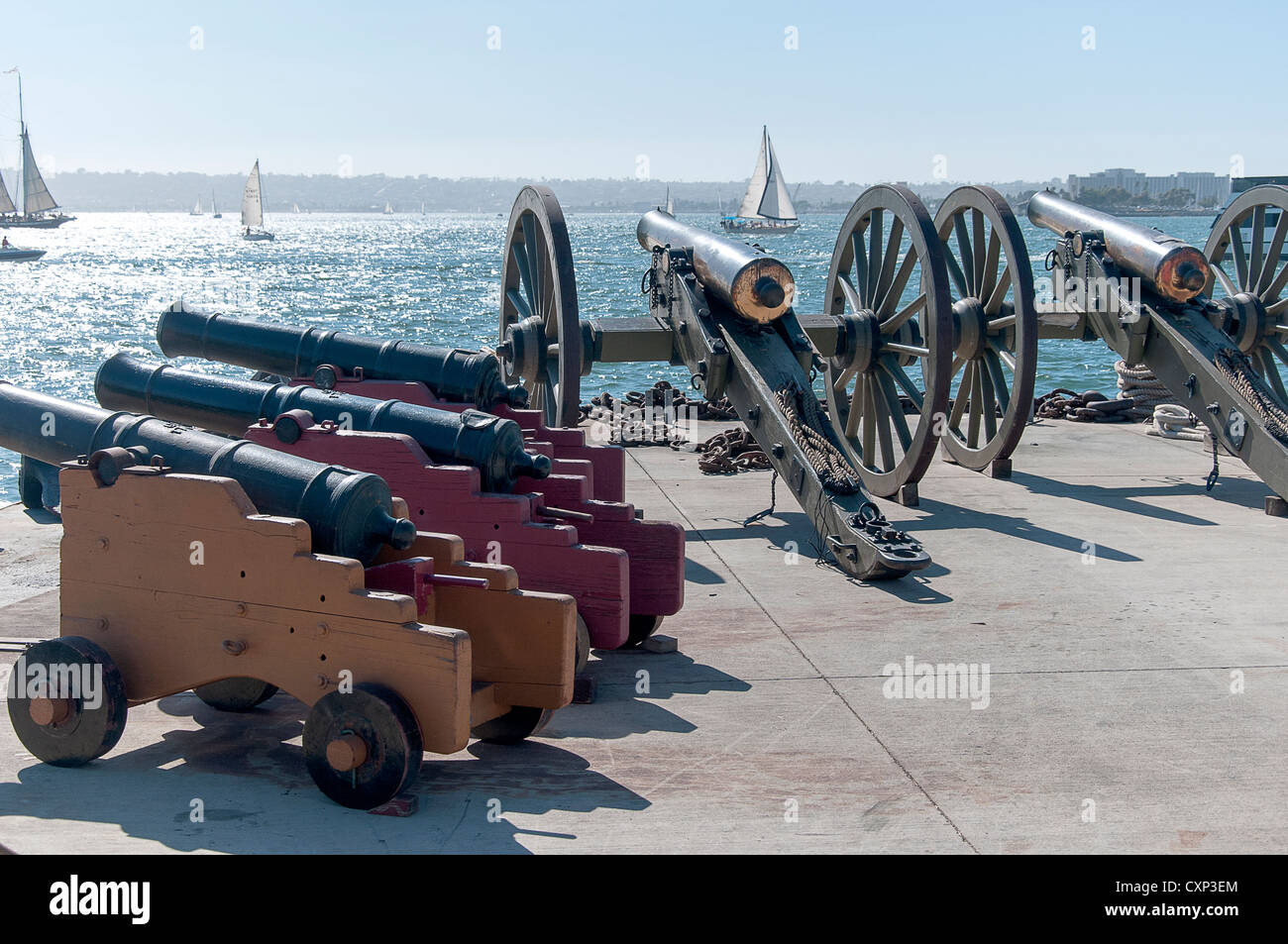 Cannons on Dockside in festival of Tall Sailing Ships in Harbour of San ...