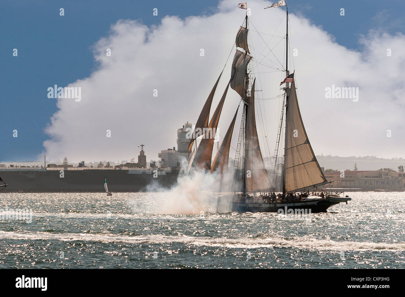 Tall Sailing Ships firing Cannons in Harbour of San Diego California ...