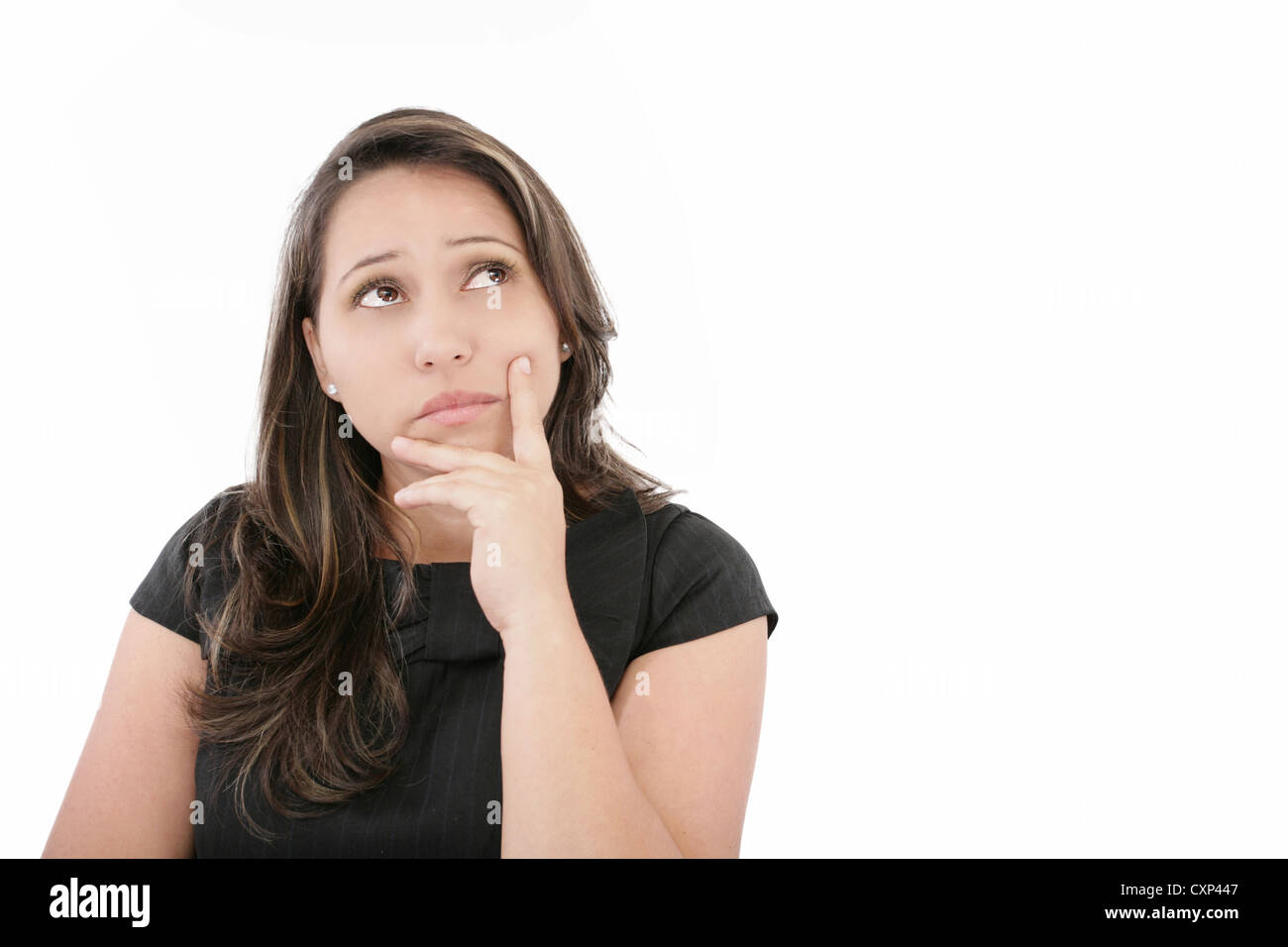 Young beautiful business woman thinking / making choice, isolated on ...