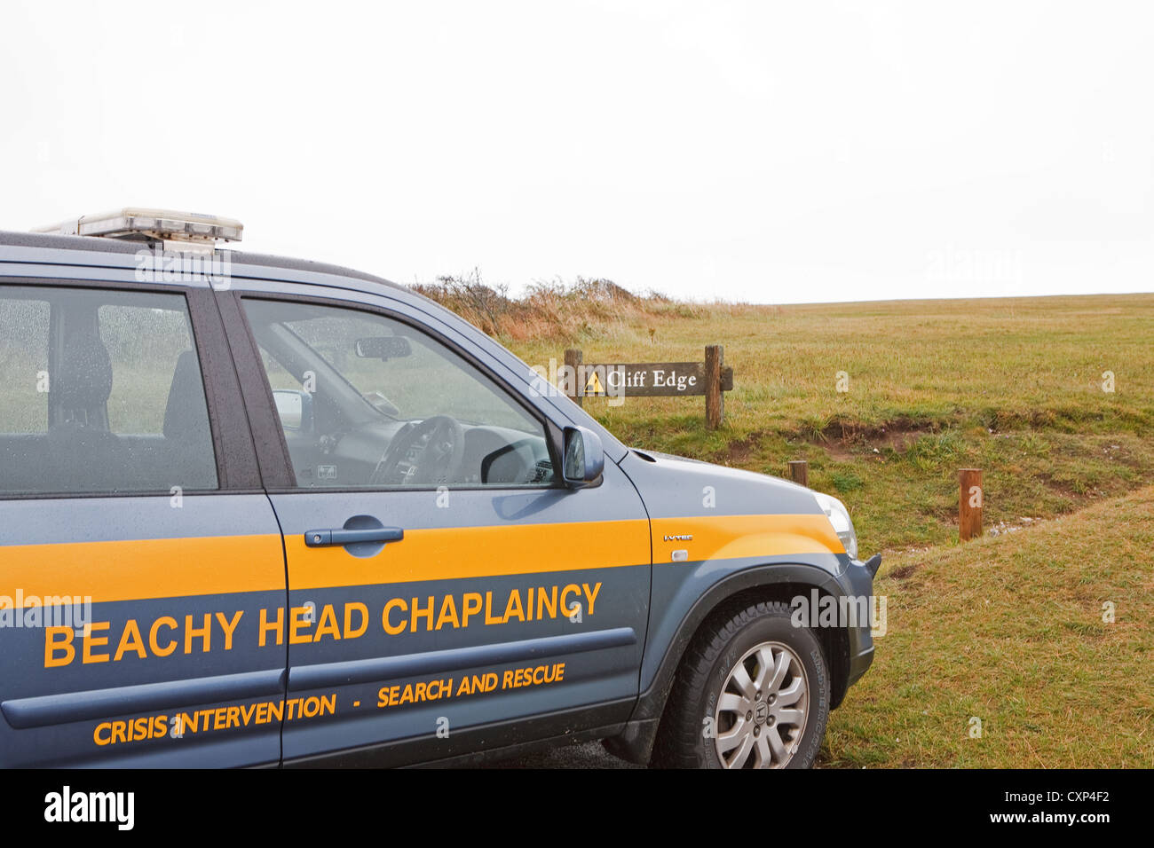 Beachy Head Chaplaincy vehicle by the cliff edge on Beachy Head Stock ...