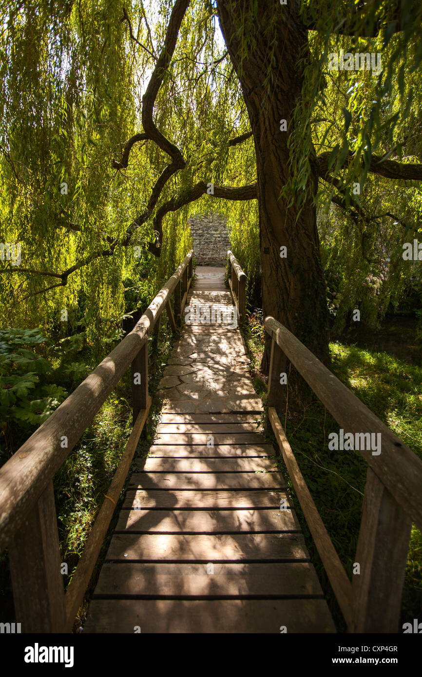 A wooden bridge under a willow tree in the gardens of Bishops Palace ...