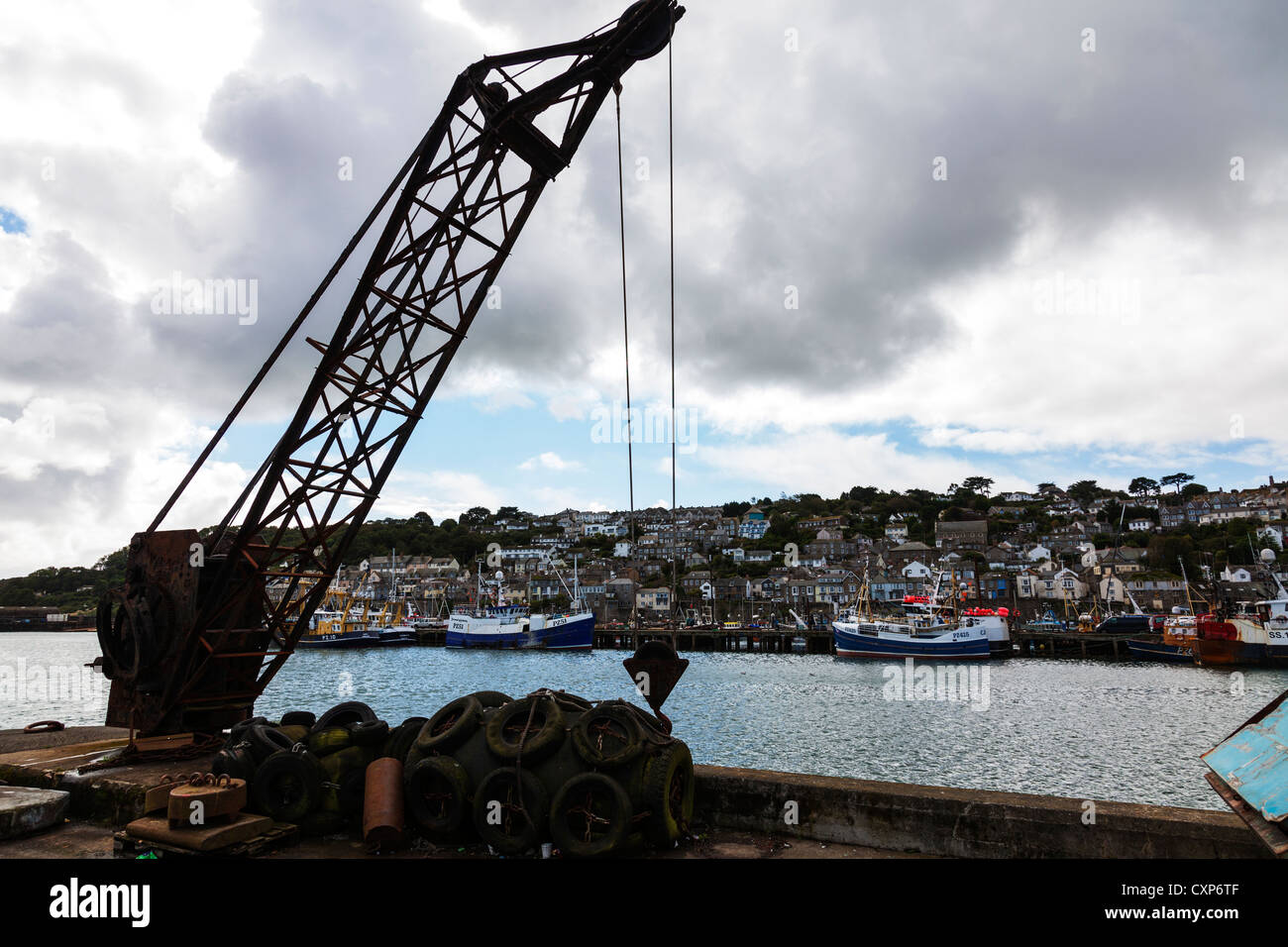 Dockside looking across harbour harbor at Newlyn Town in Cornwall small ...