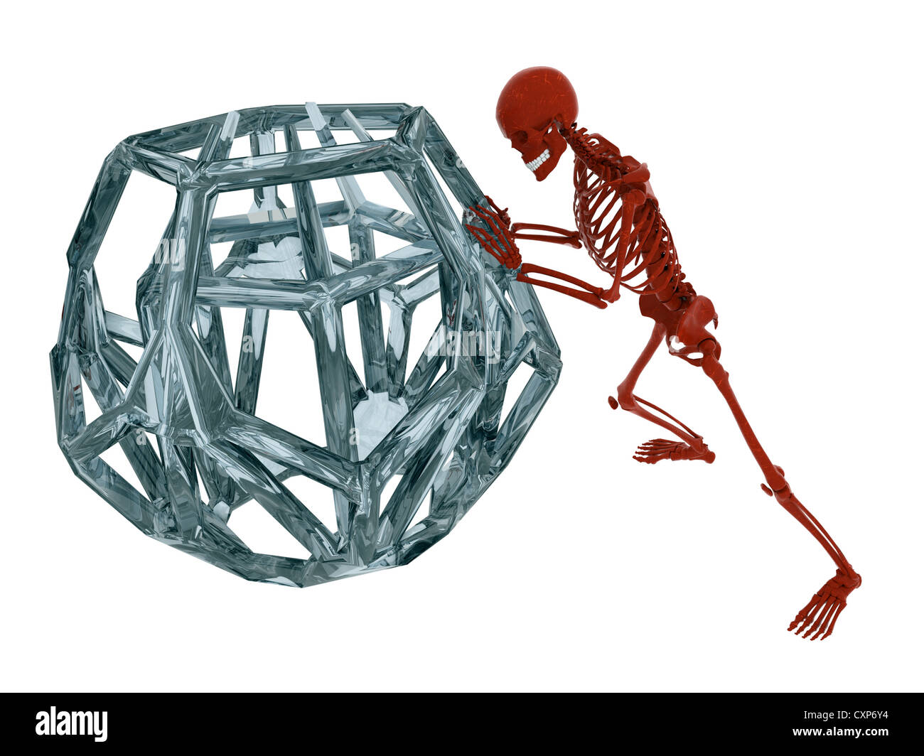 Reddish human skeleton pushing an acrylic object Stock Photo - Alamy