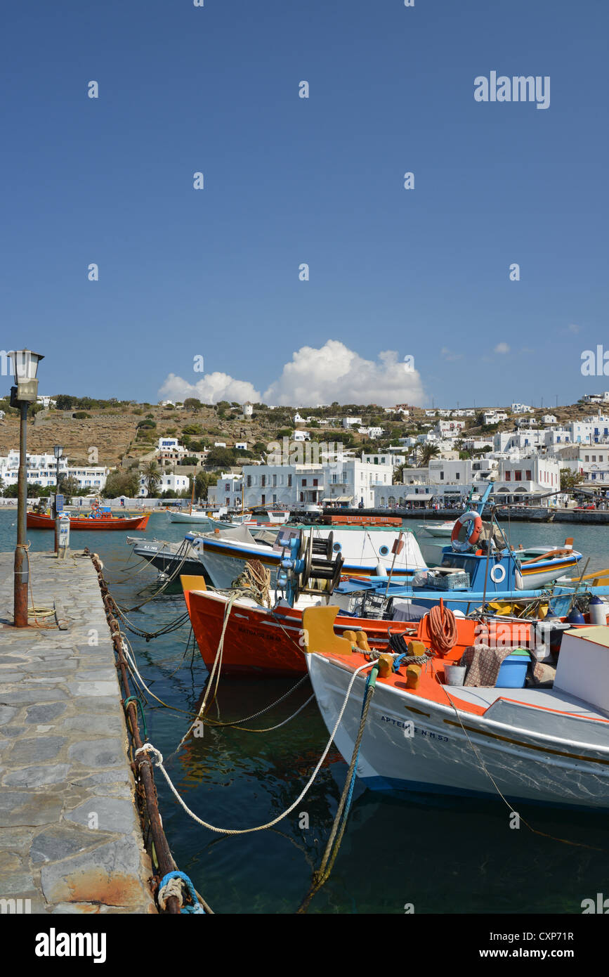 Traditional fishing boats in harbour, Chora, Mykonos, Cyclades, South ...