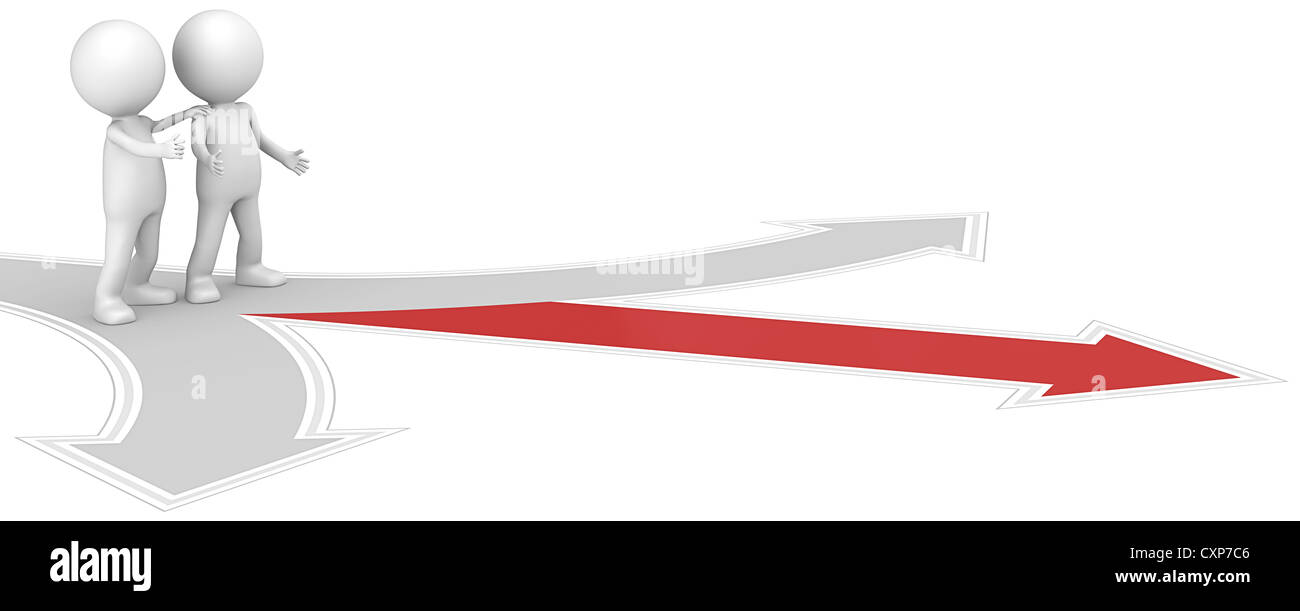 Showing the way. 3D little human character X2 at a Crossroad. One Red ...