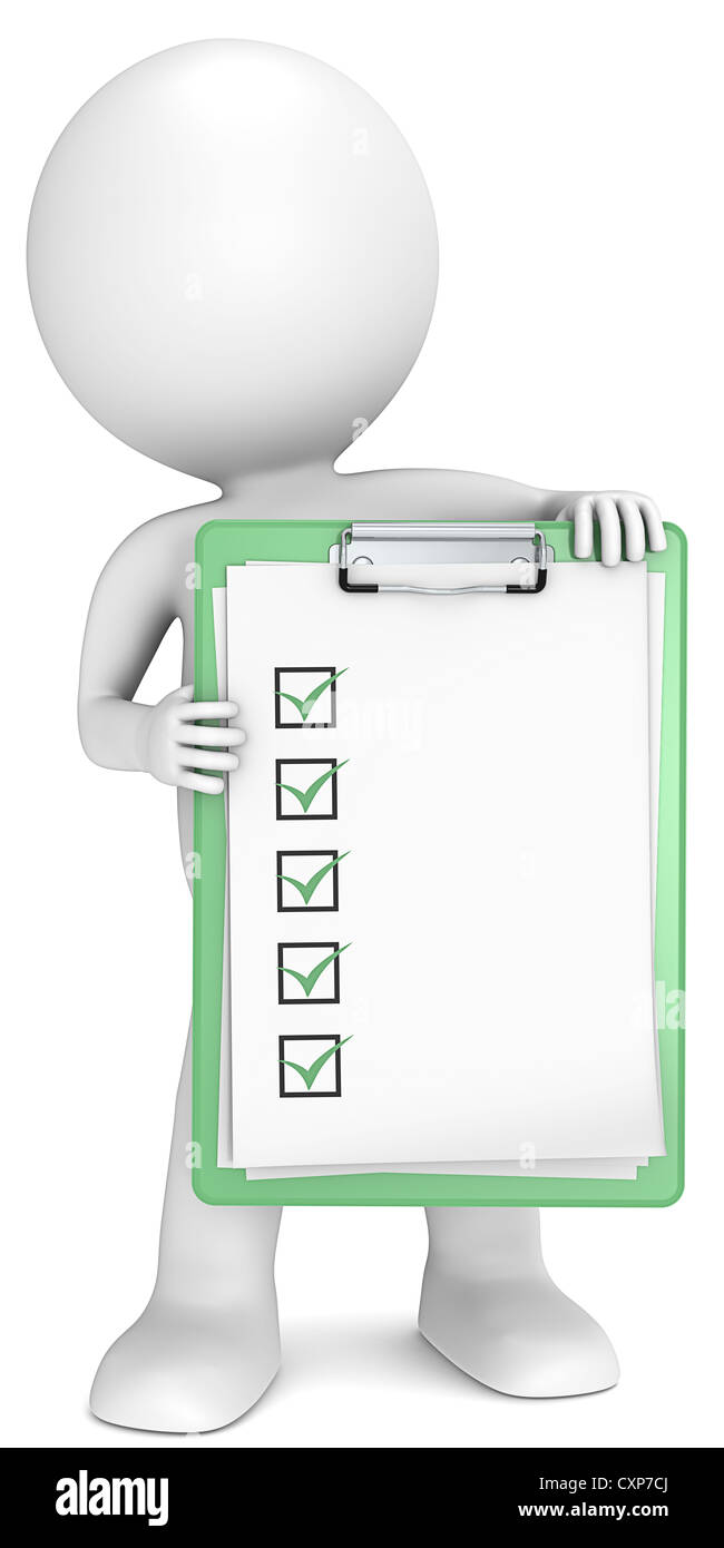 3D little human character holding a clipboard with check list. Green ...
