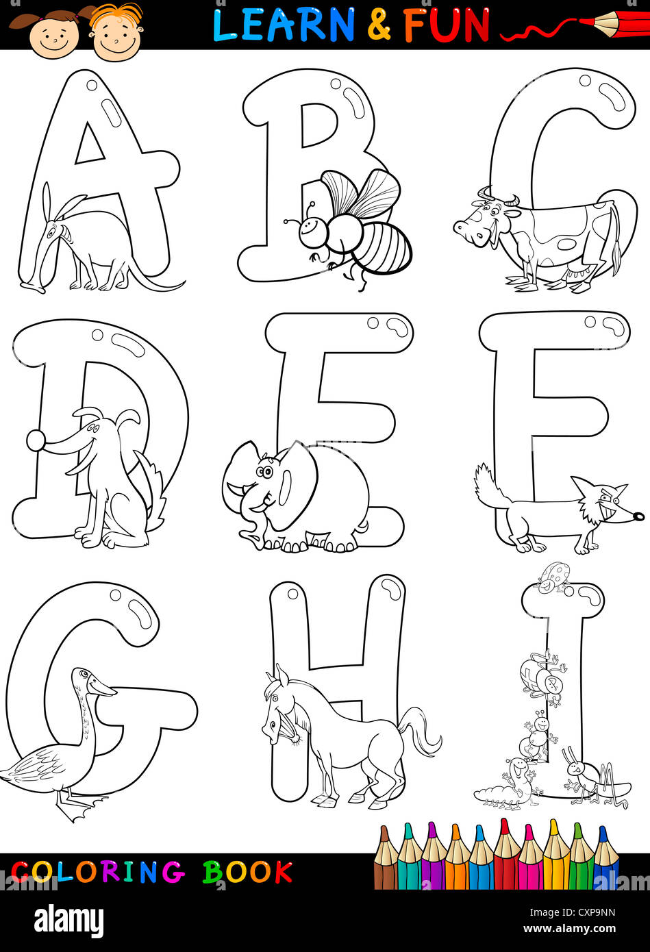 Cartoon Alphabet Coloring Book or Page Set with Funny Animals for ...