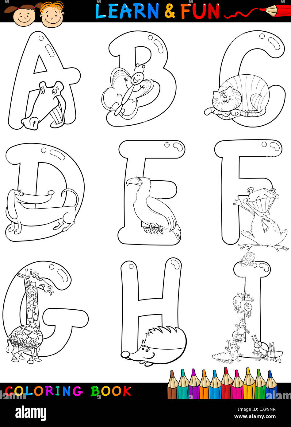 Cartoon Alphabet Coloring Book or Page Set with Funny Animals for ...