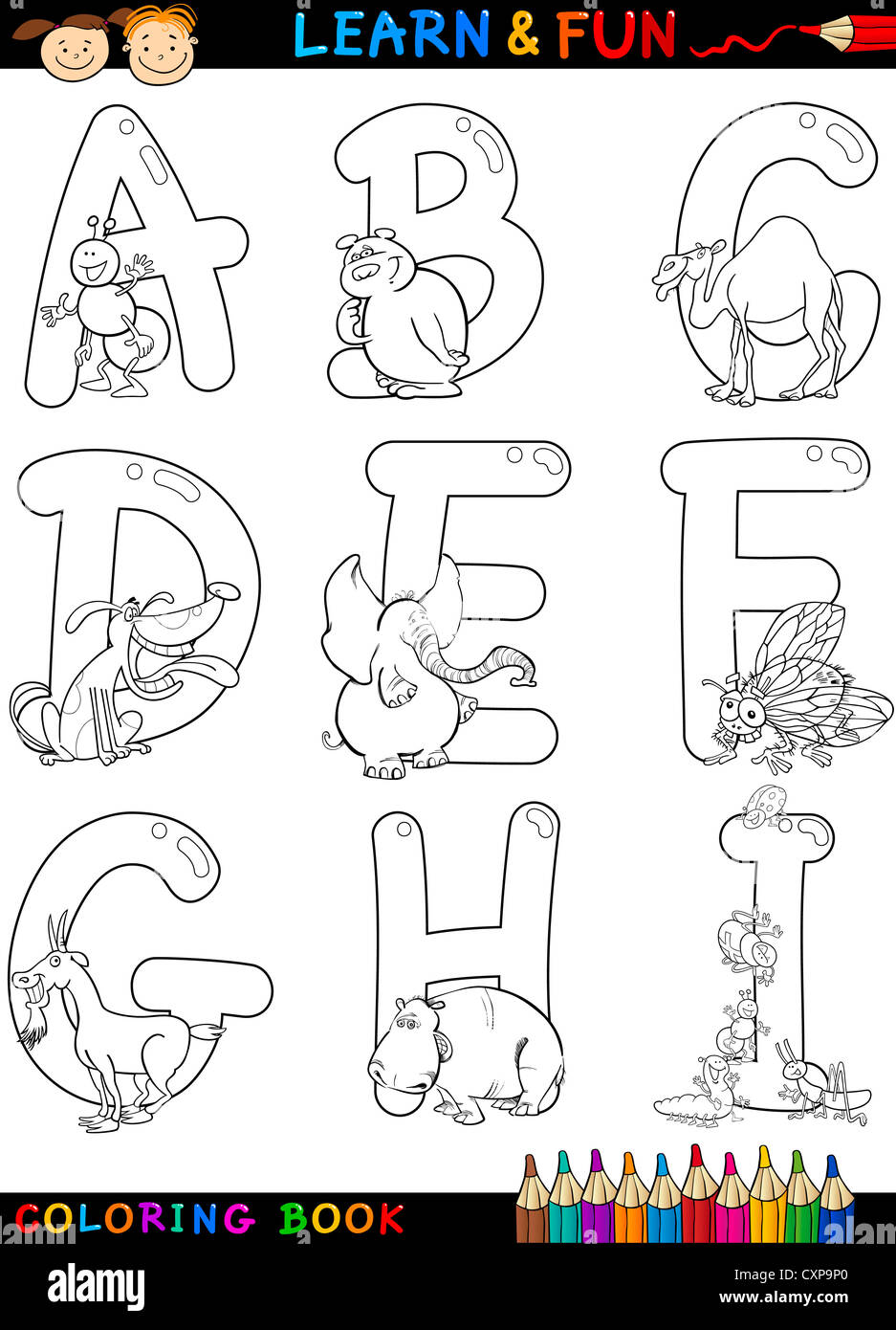 Cartoon Alphabet Coloring Book or Page Set with Funny Animals for ...