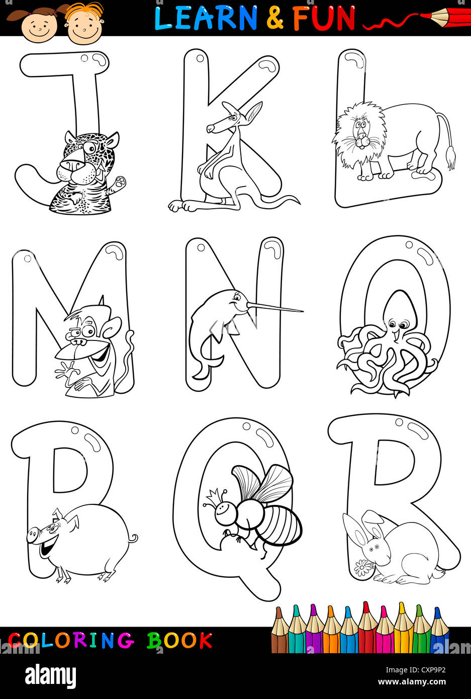Cartoon Alphabet Coloring Book or Page Set with Funny Animals for ...