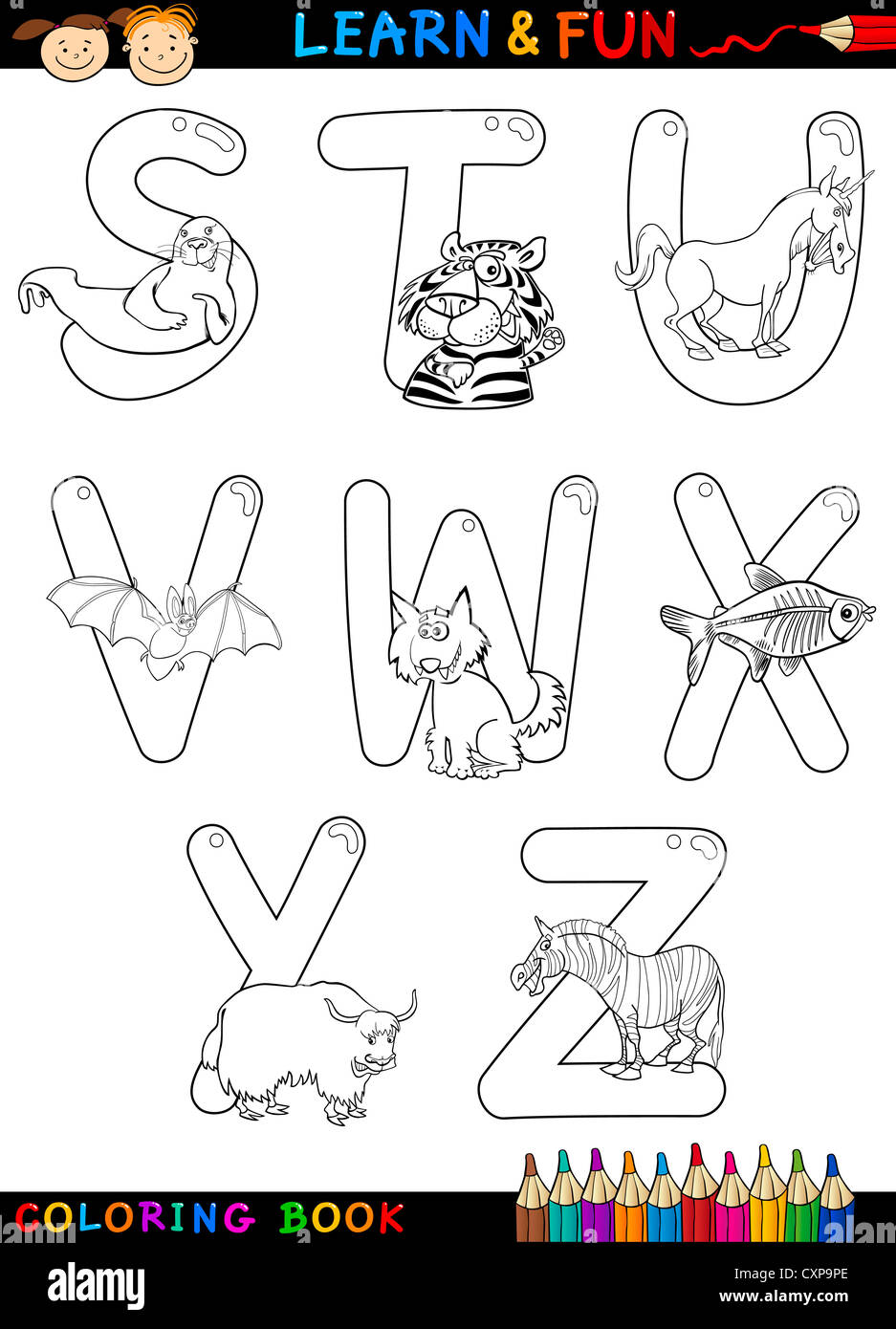 Cartoon Alphabet Coloring Book or Page Set with Funny Animals for ...