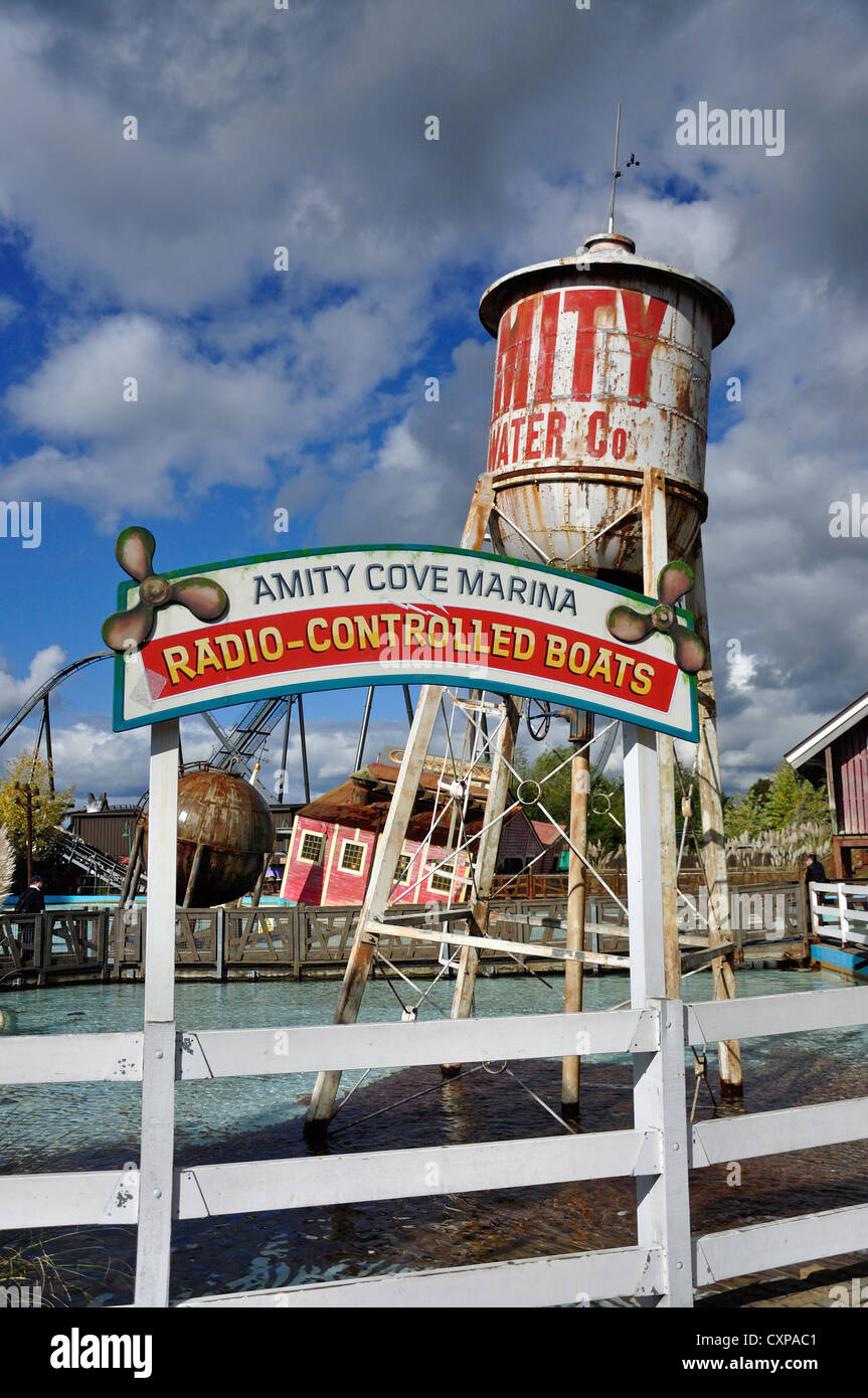 Amity Cove Marina at Thorpe Park Theme Park, Chertsey, Surrey, England ...