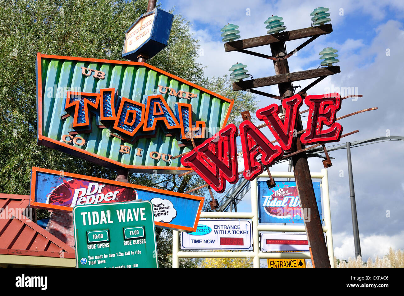 Tidal Wave ride signs at Thorpe Park Theme Park, Chertsey, Surrey ...