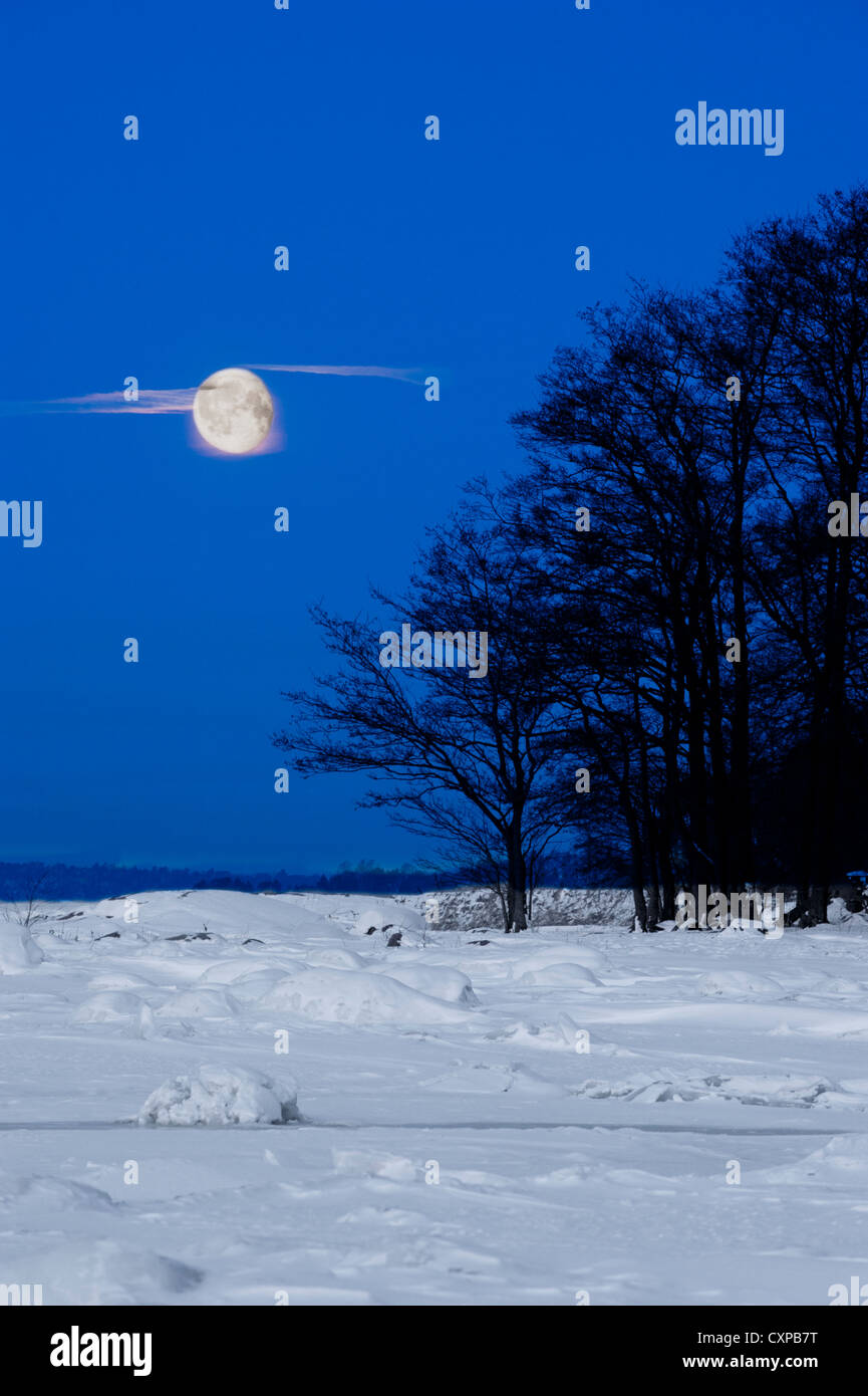 Moon setting over the frozen sea in southern Finland Stock Photo - Alamy
