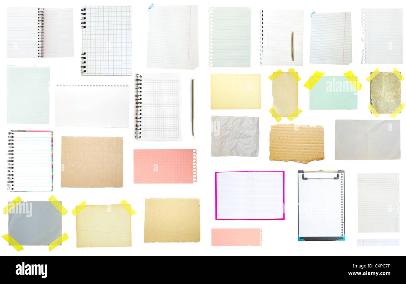collection of old note paper on white background Stock Photo - Alamy