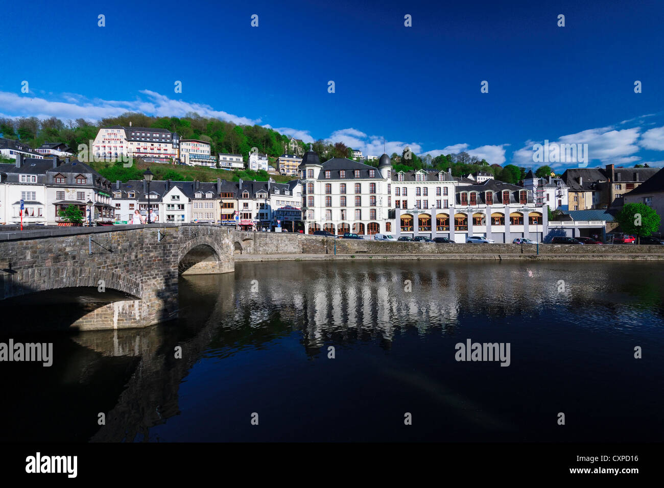 Bouillon, Belgium. A view of the town, the river and the bridge Stock ...
