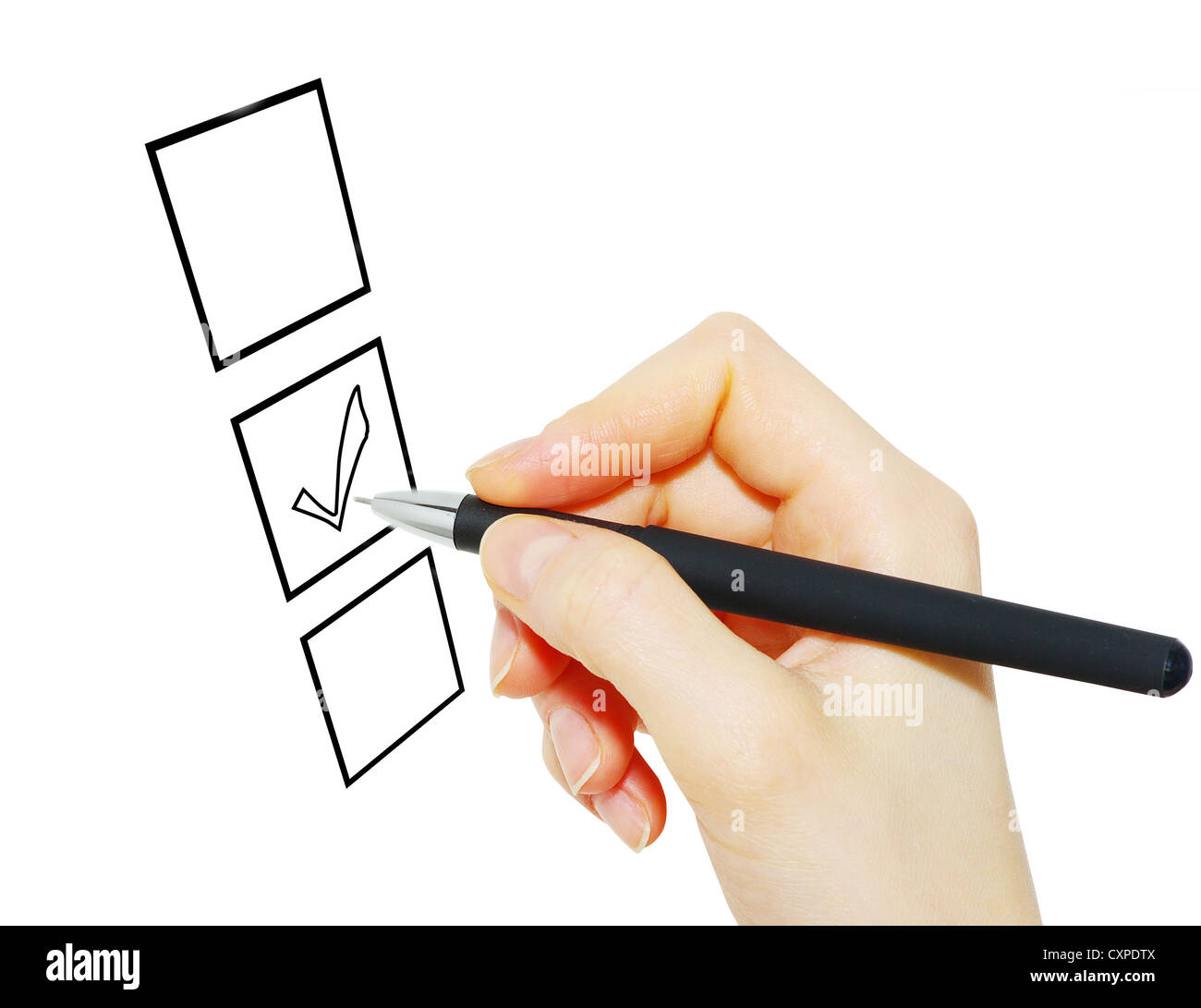 Hand with pen and check boxes isolated on white Stock Photo - Alamy