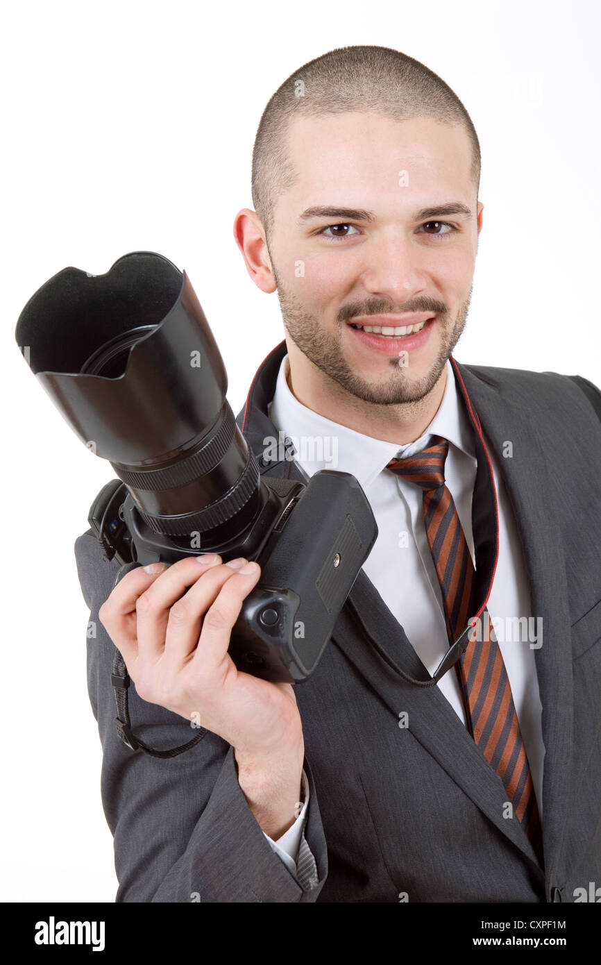 young happy photographer with his camera, isolated Stock Photo - Alamy