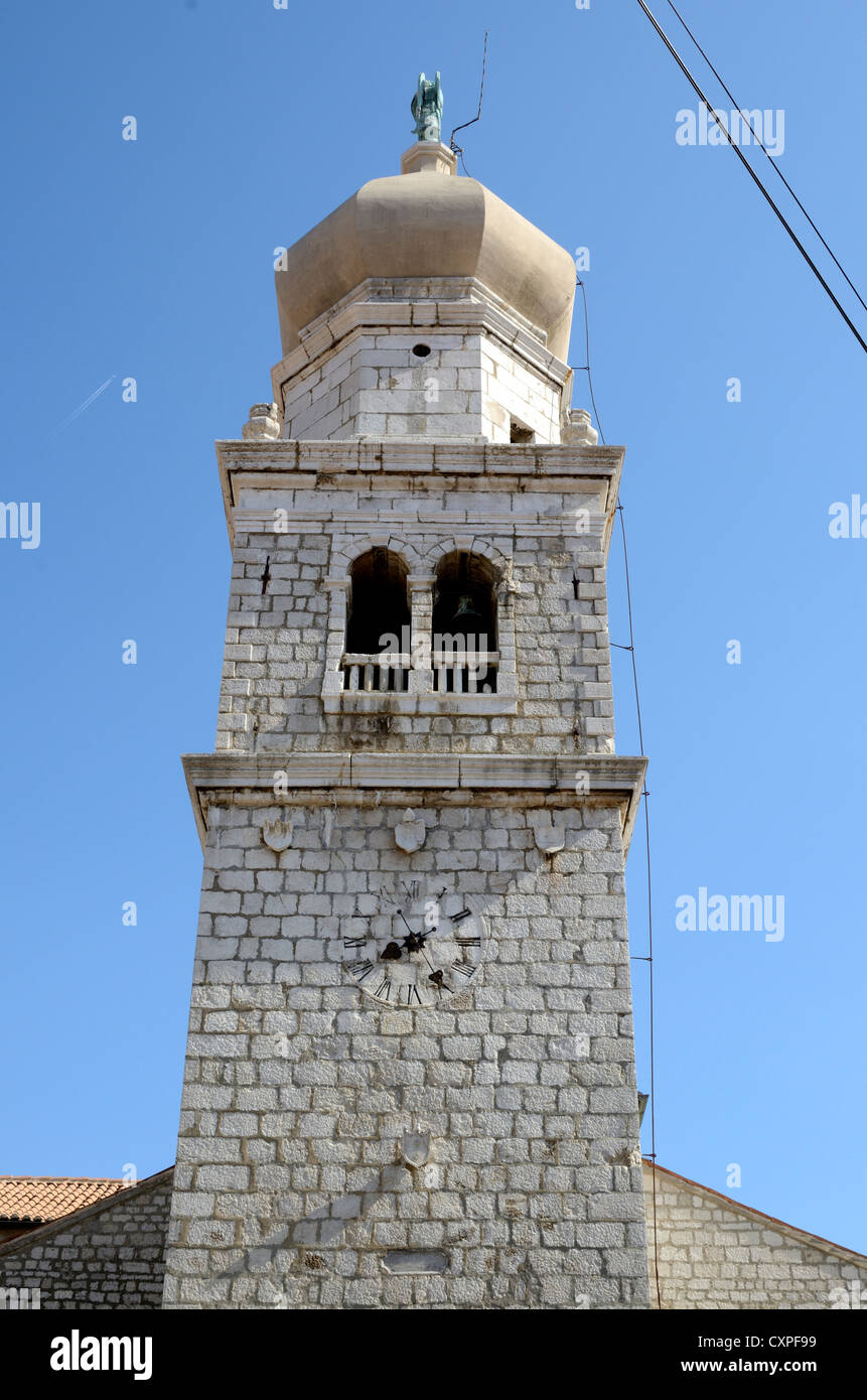Seaview of fortifications and church of Krk village on Krk island in ...