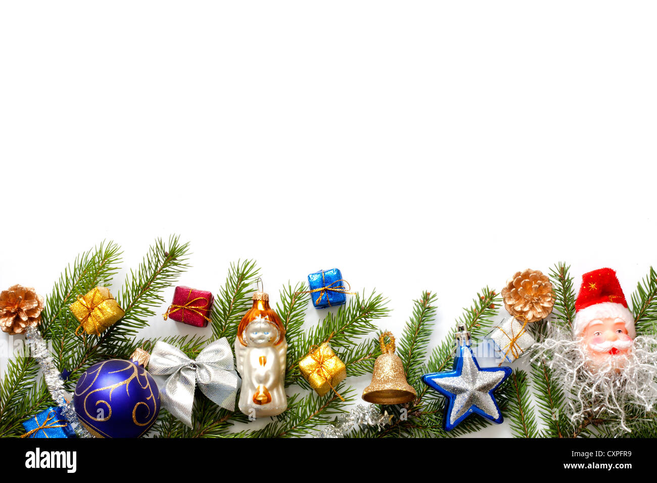 Christmas background border with fir and baubles on white Stock Photo ...