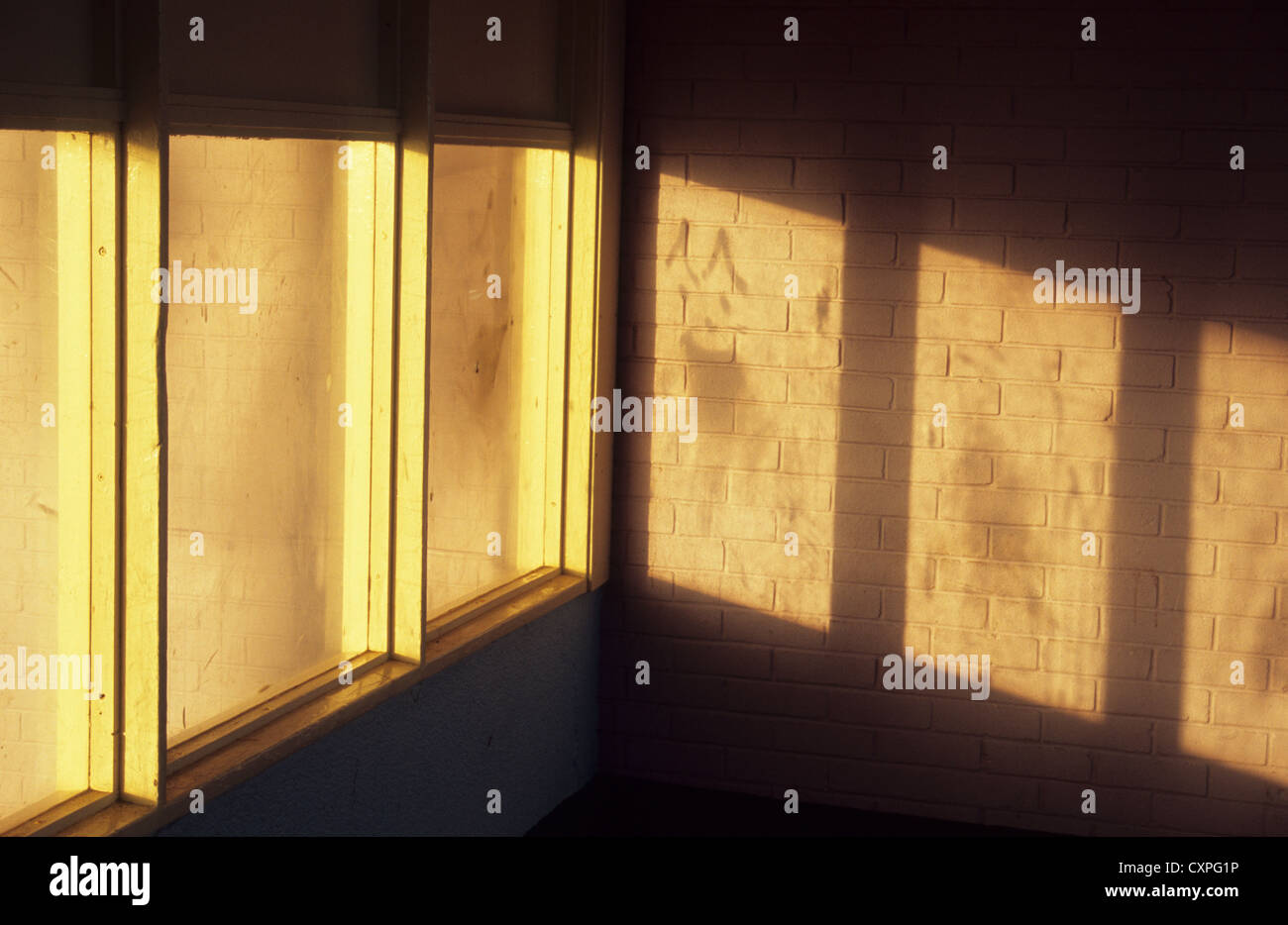 Windows lit by warm sunlight and casting shadows onto white painted ...