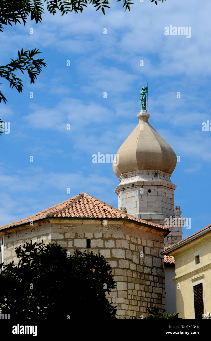 Seaview of fortifications and church of Krk village on Krk island in ...