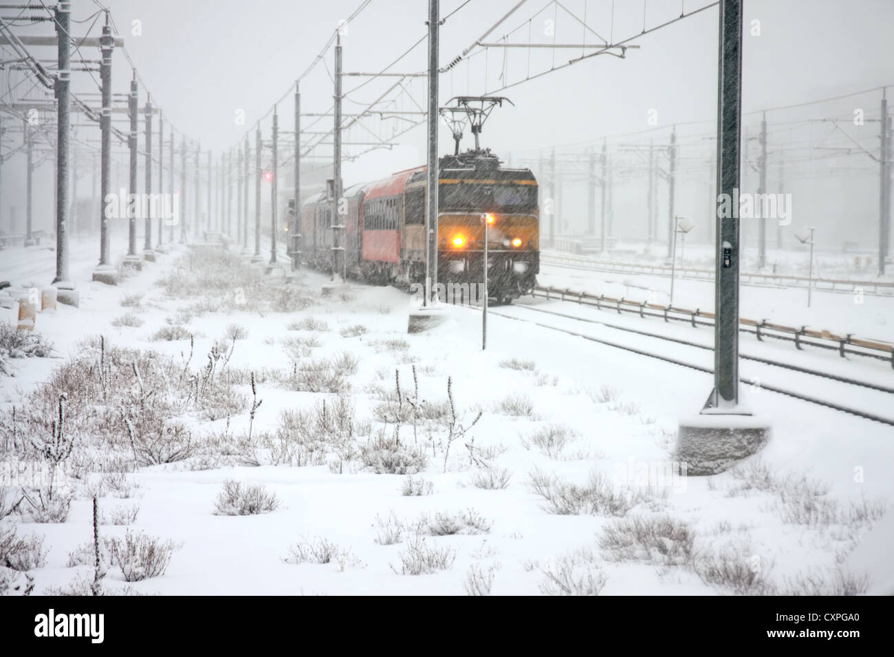 Train driving in snowstorm in the Netherlands Stock Photo - Alamy
